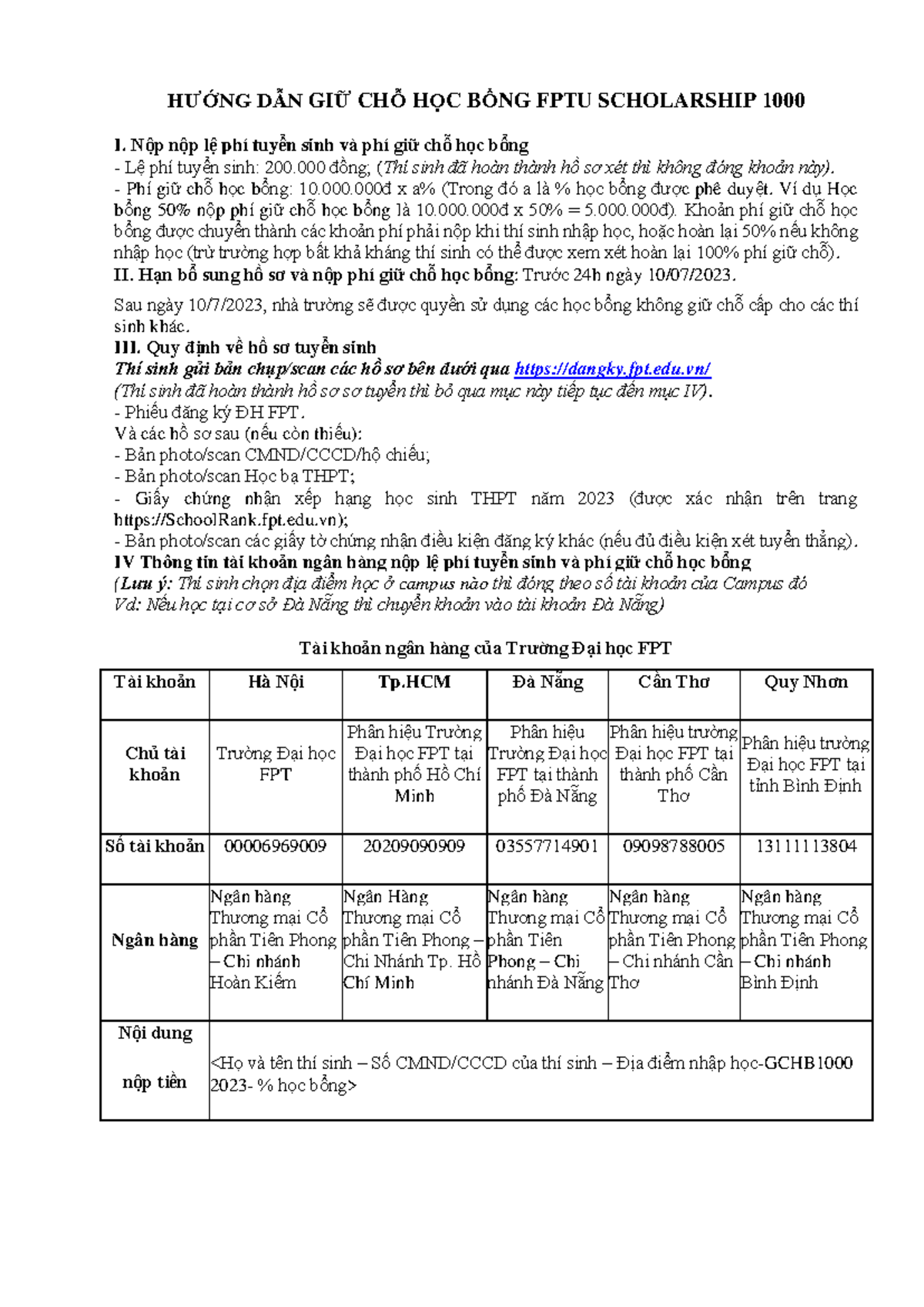 3.DN - nop le phi - HƯỚNG DẪN GIỮ CH퐃̀ H伃⌀C B퐃ऀ NG FPTU SCHOLARSHIP 1000 I. Nộp nộp l ⌀ ph椃Ā tuy ...