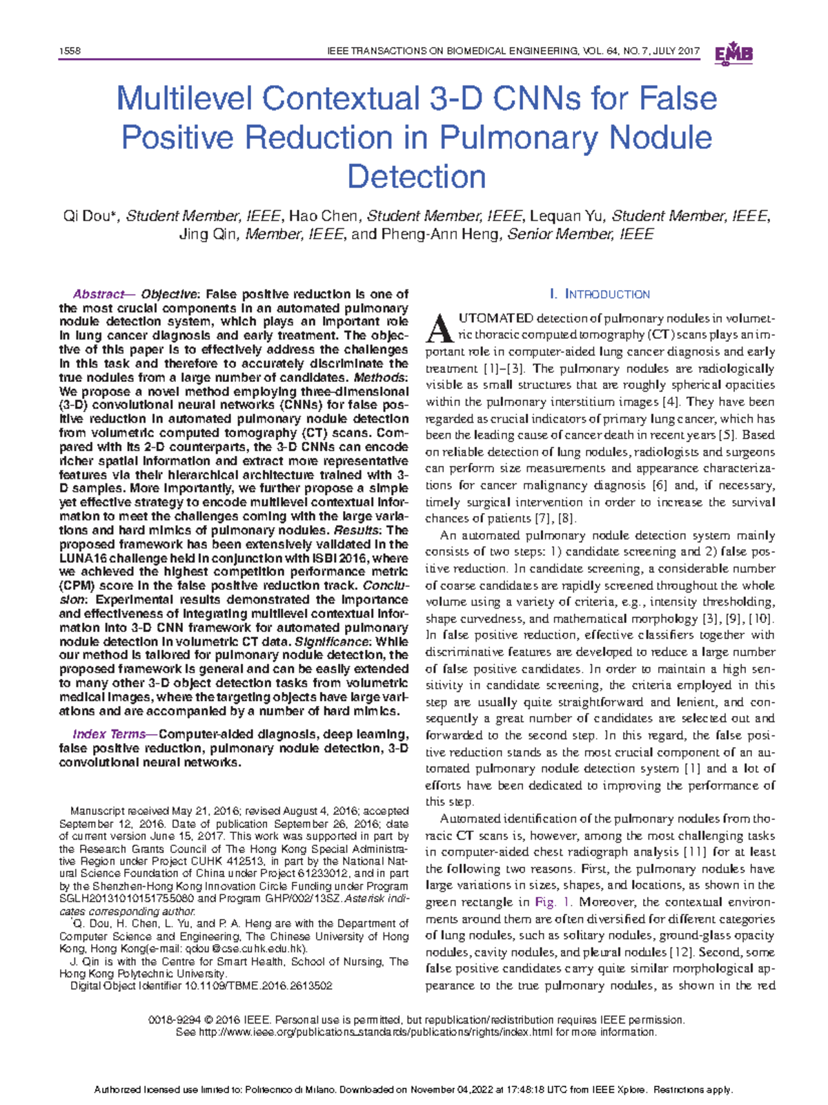 Dou2017 Multilevel Contextual 3 D Cnns For False Positive Reduction In Pulmonary Nodule