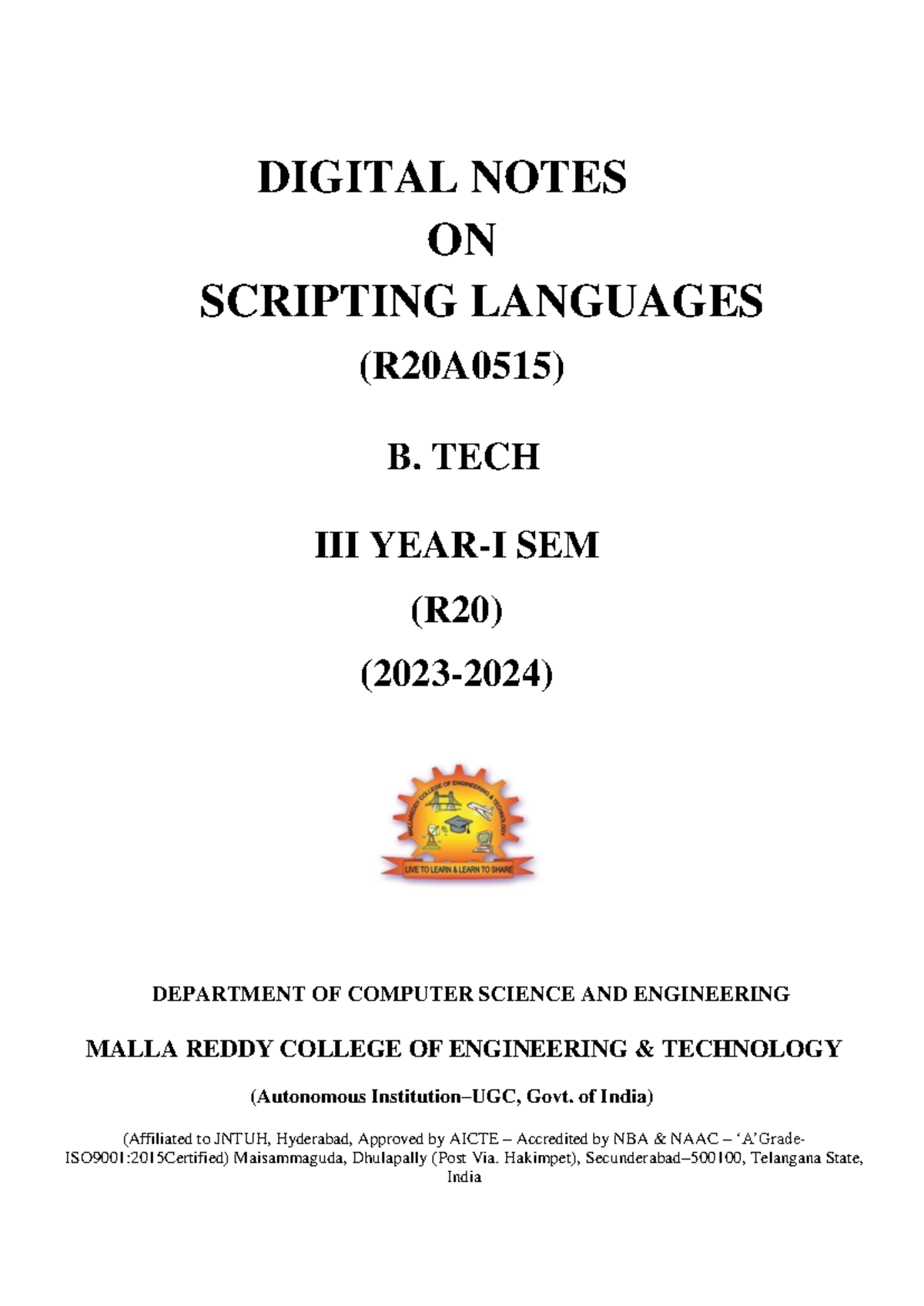 Scripting Languages (R20A0515) - DIGITAL NOTES ON SCRIPTING LANGUAGES ...