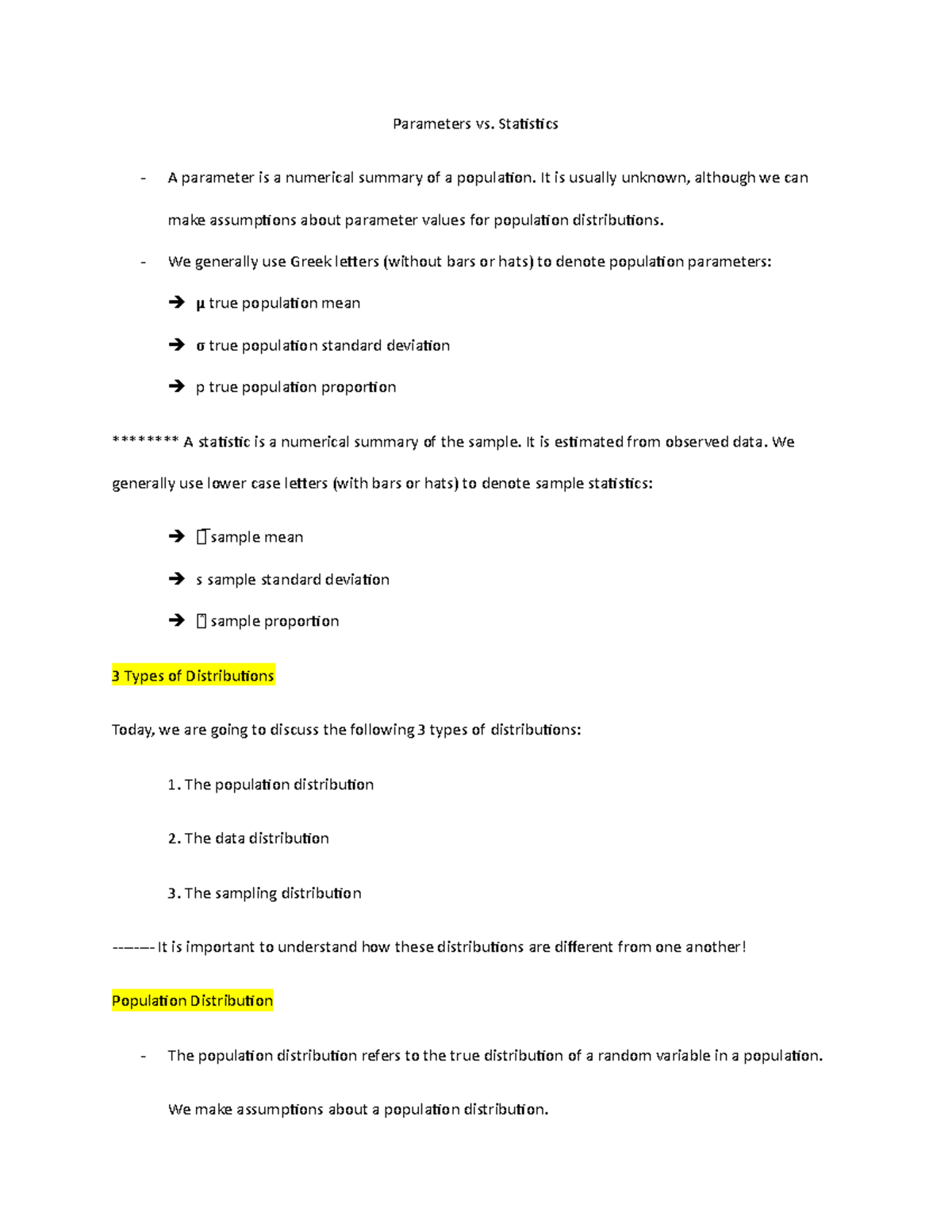 Parameters vs Statistics Notes - Parameters vs. Staisics A parameter is ...