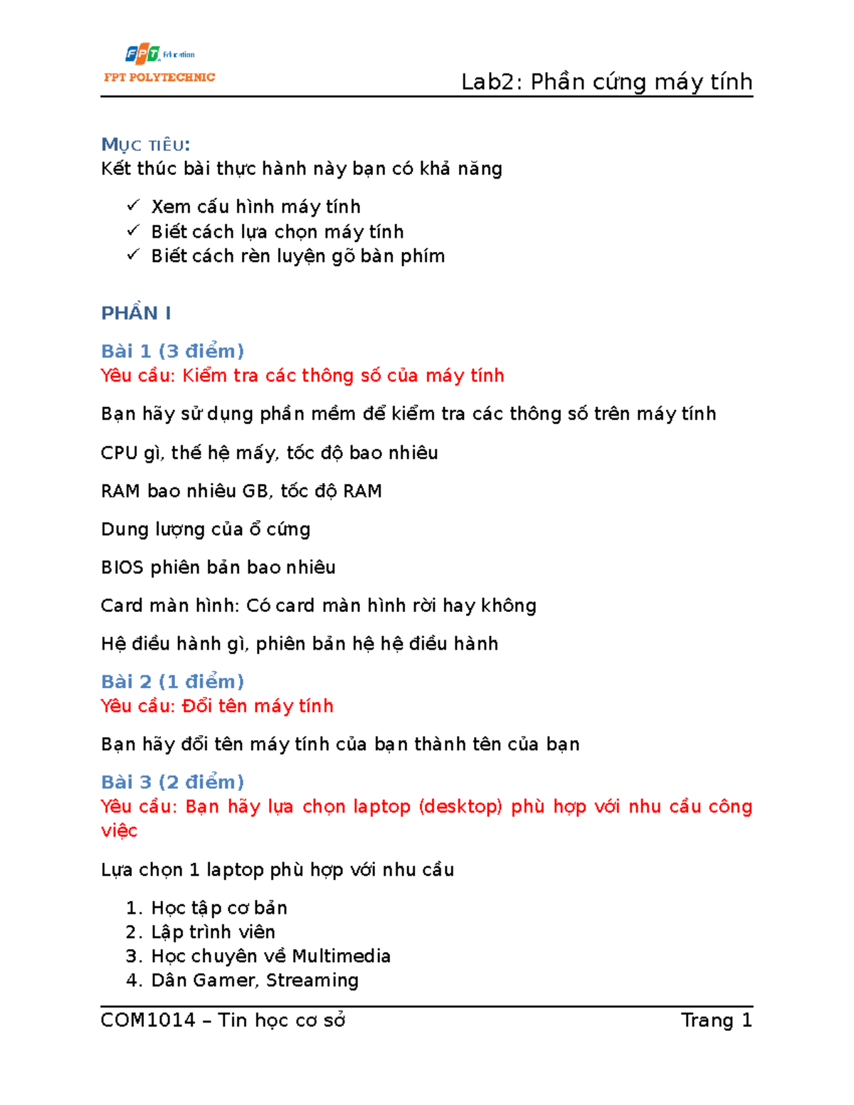 COM1014 - Lab 02 - sdfsdf - MỤC TIÊU: Kết thúc bài thực hành này bạn có khả năng Xem cấu hình ...