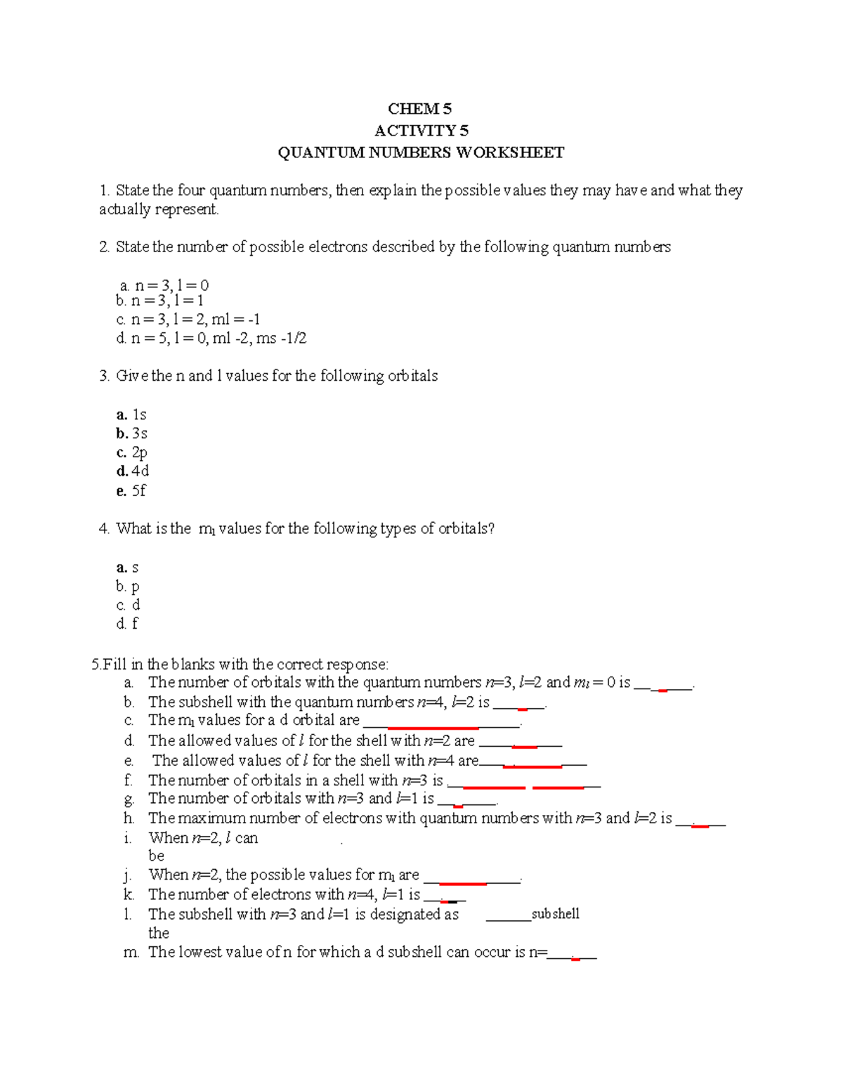 Activity- Quantum Numbers - CHEM 5 ACTIVITY 5 QUANTUM NUMBERS WORKSHEET ...