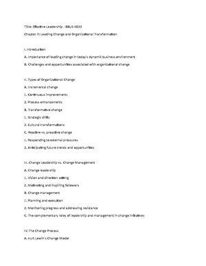 Chapter 8 - Title: Effective Leadership - BBUS 4833 Chapter 8 ...