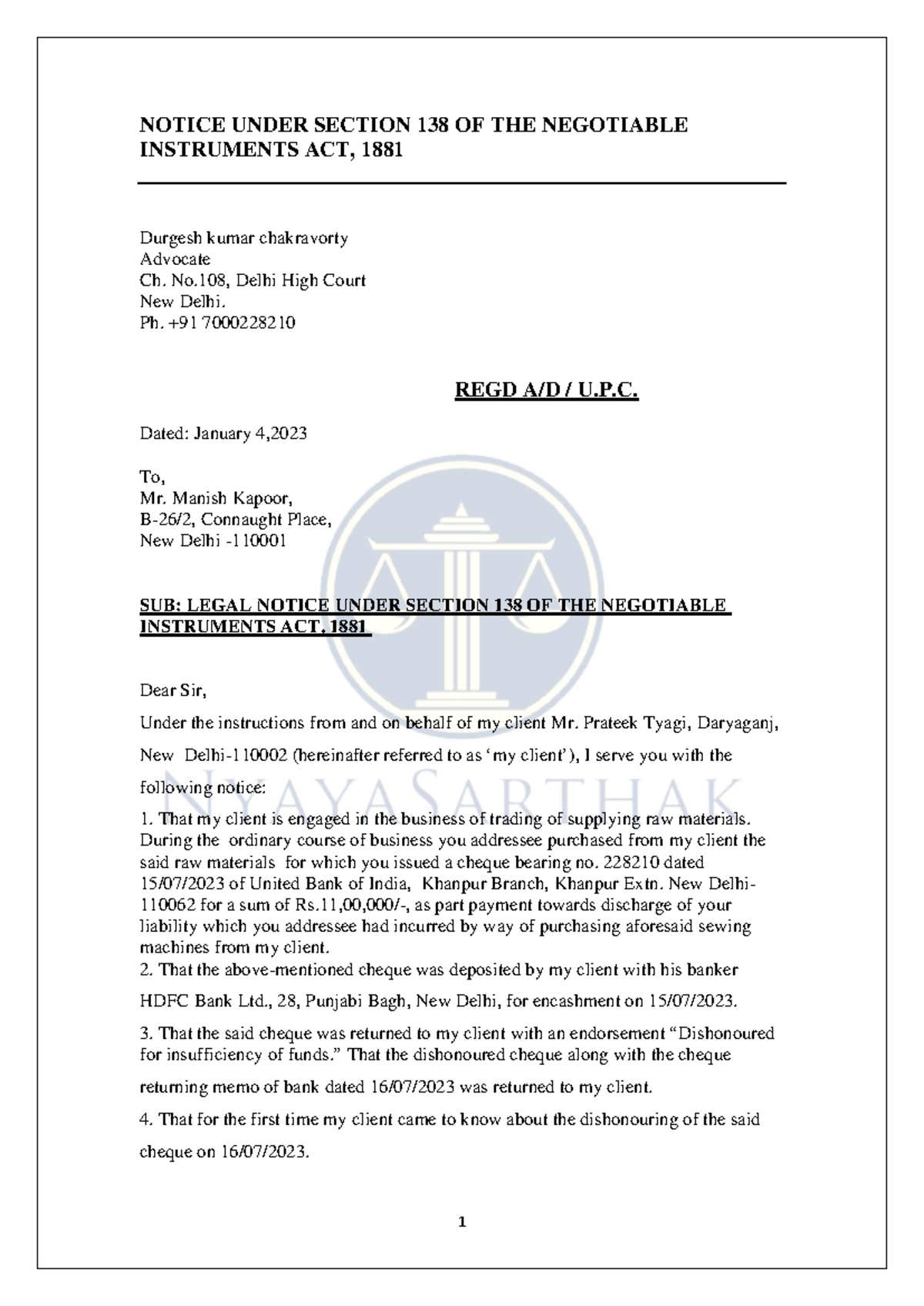 Legal Notice - 1 NOTICE UNDER SECTION 138 OF THE NEGOTIABLE INSTRUMENTS ...