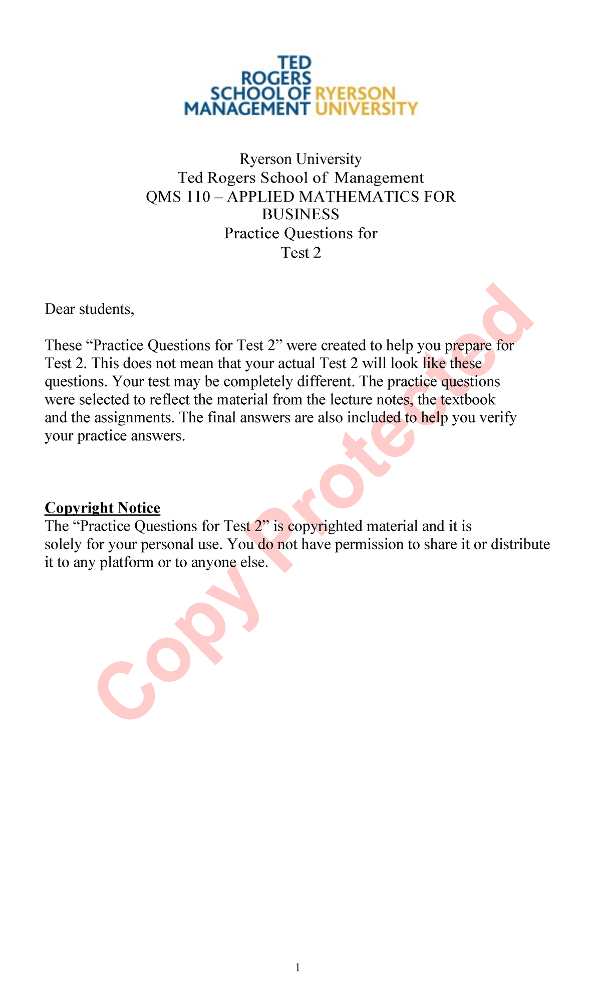 Practice Questions For Test 2 - Ryerson University Ted Rogers School of ...