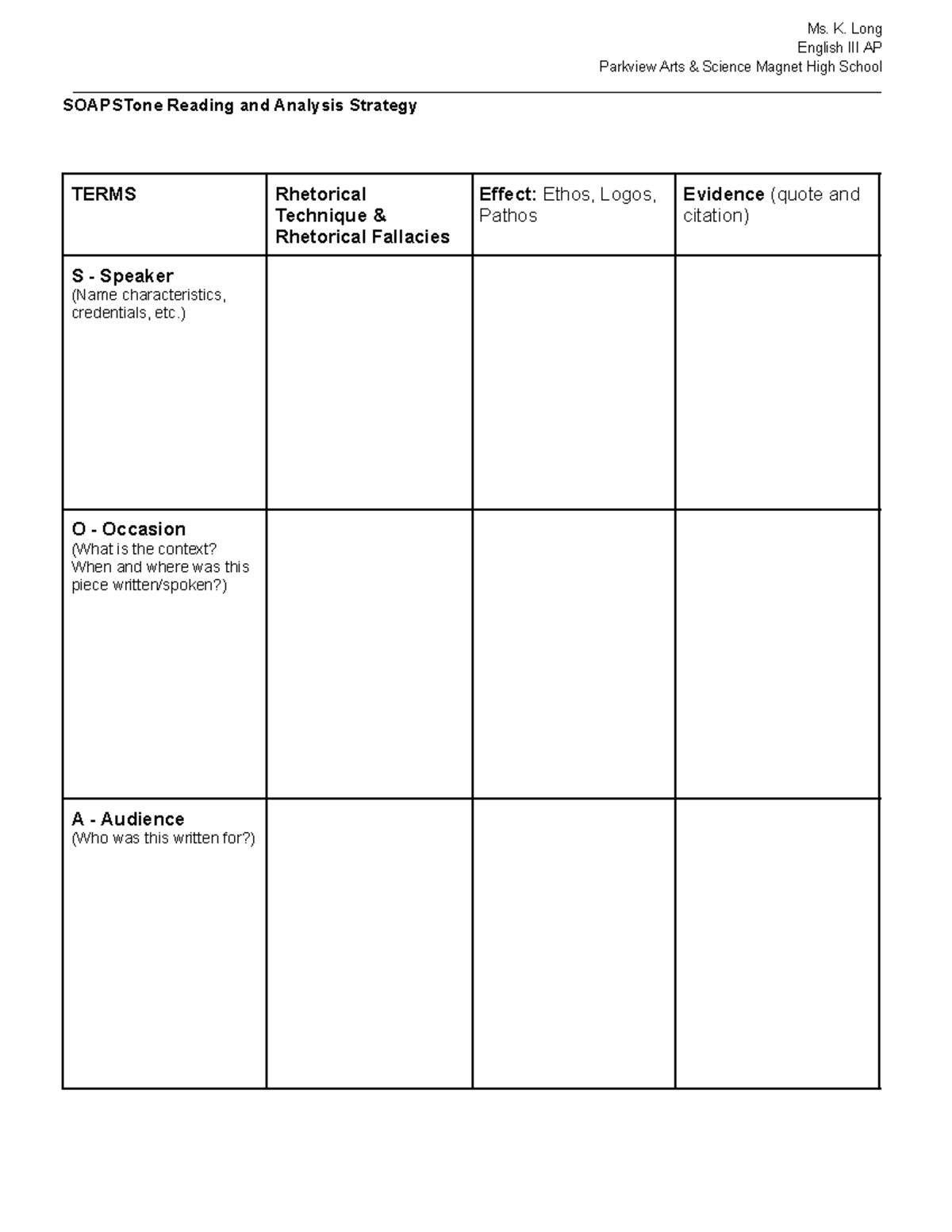Soapstone Handout - Resource for Rhetorical Writing in AP Lang - Ms. K ...
