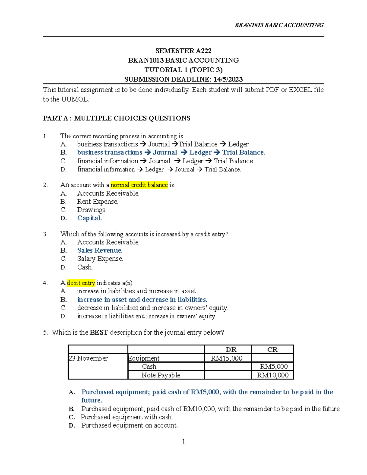 Tutorial 1 account may 2023 - SEMESTER A BKAN1013 BASIC ACCOUNTING TUTORIAL 1 (TOPIC 3 ...