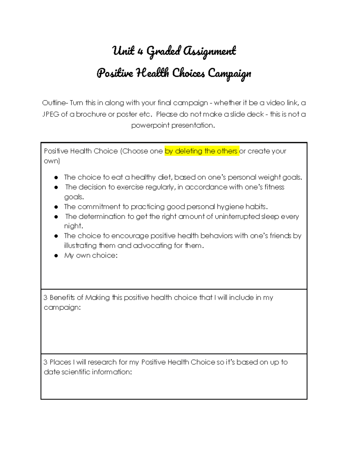 Unit 4 Graded Assignment - Positive Health Choices Campaign Outline ...