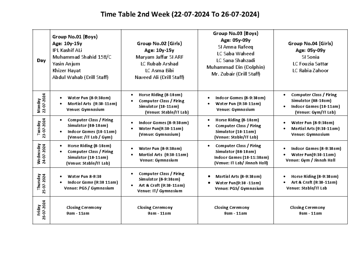 Last Week July - detailed - Time Table 2nd Week ( 22 -0 7 -2024 To 26 ...