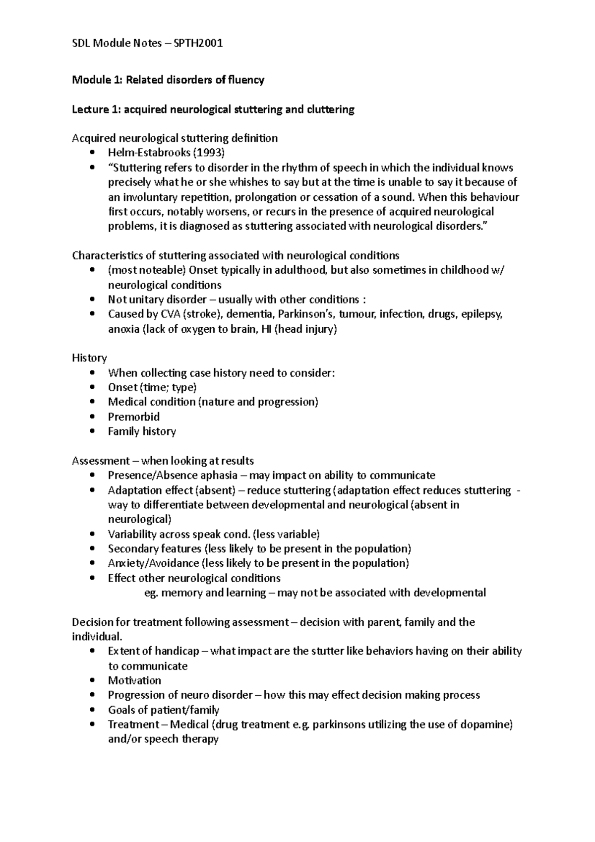 SDL Module Notes – SPTH2001 - Module 1: Related disorders of fluency ...