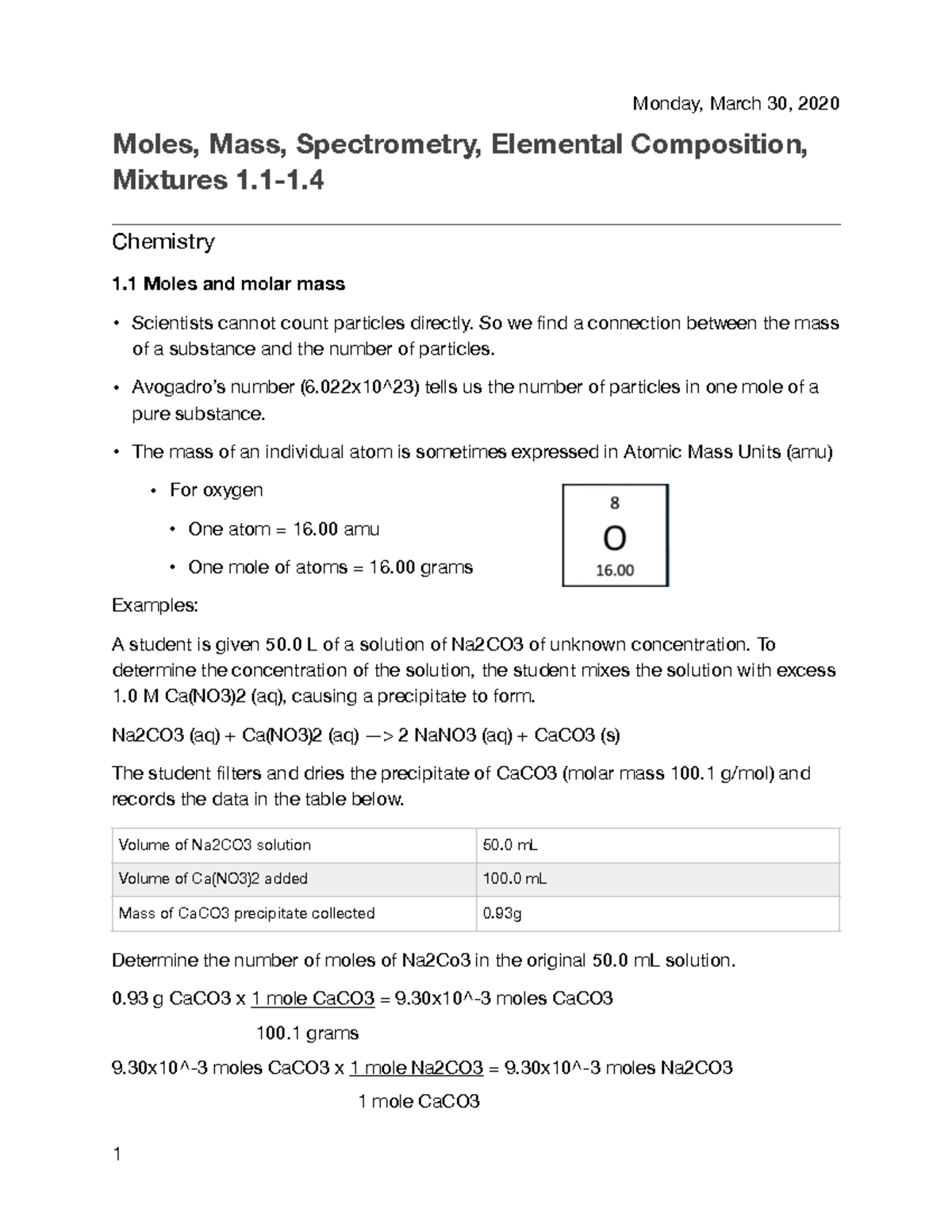 Chem 2 - lecture 2 notes - Monday, March 30, 2020 Moles, Mass ...