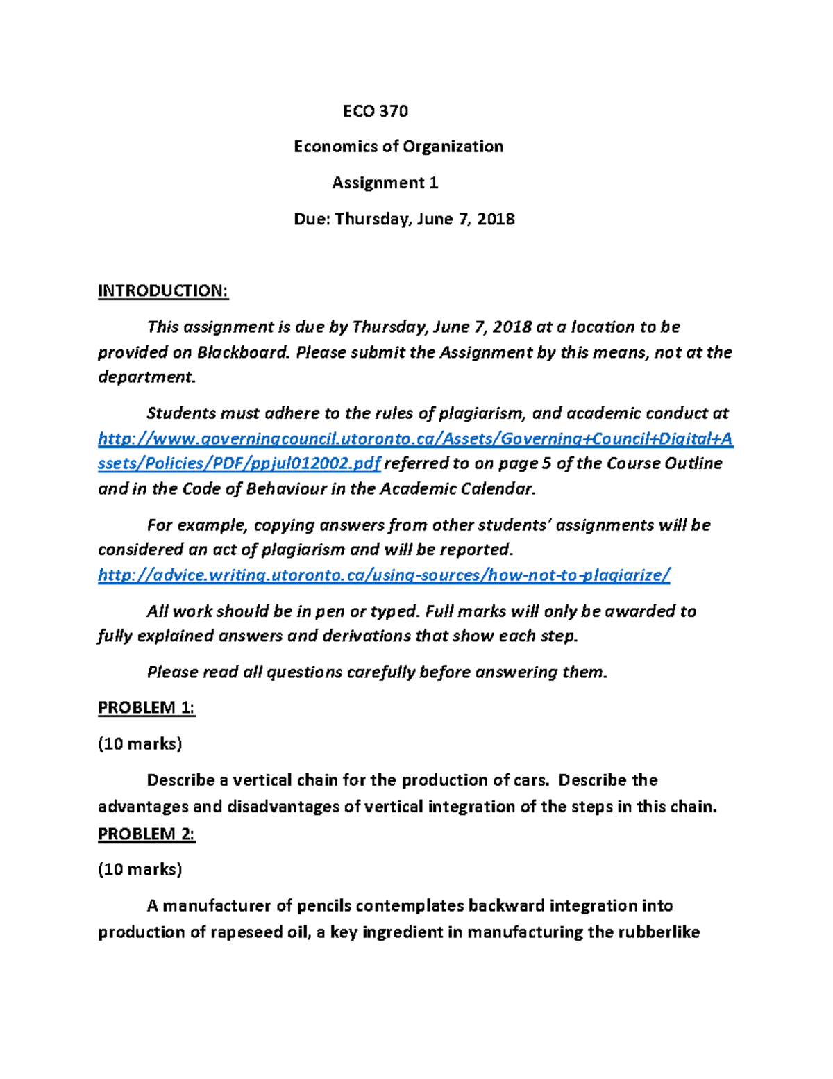 Assignment 1 - ECO 370 Economics of Organization Assignment 1 Due ...