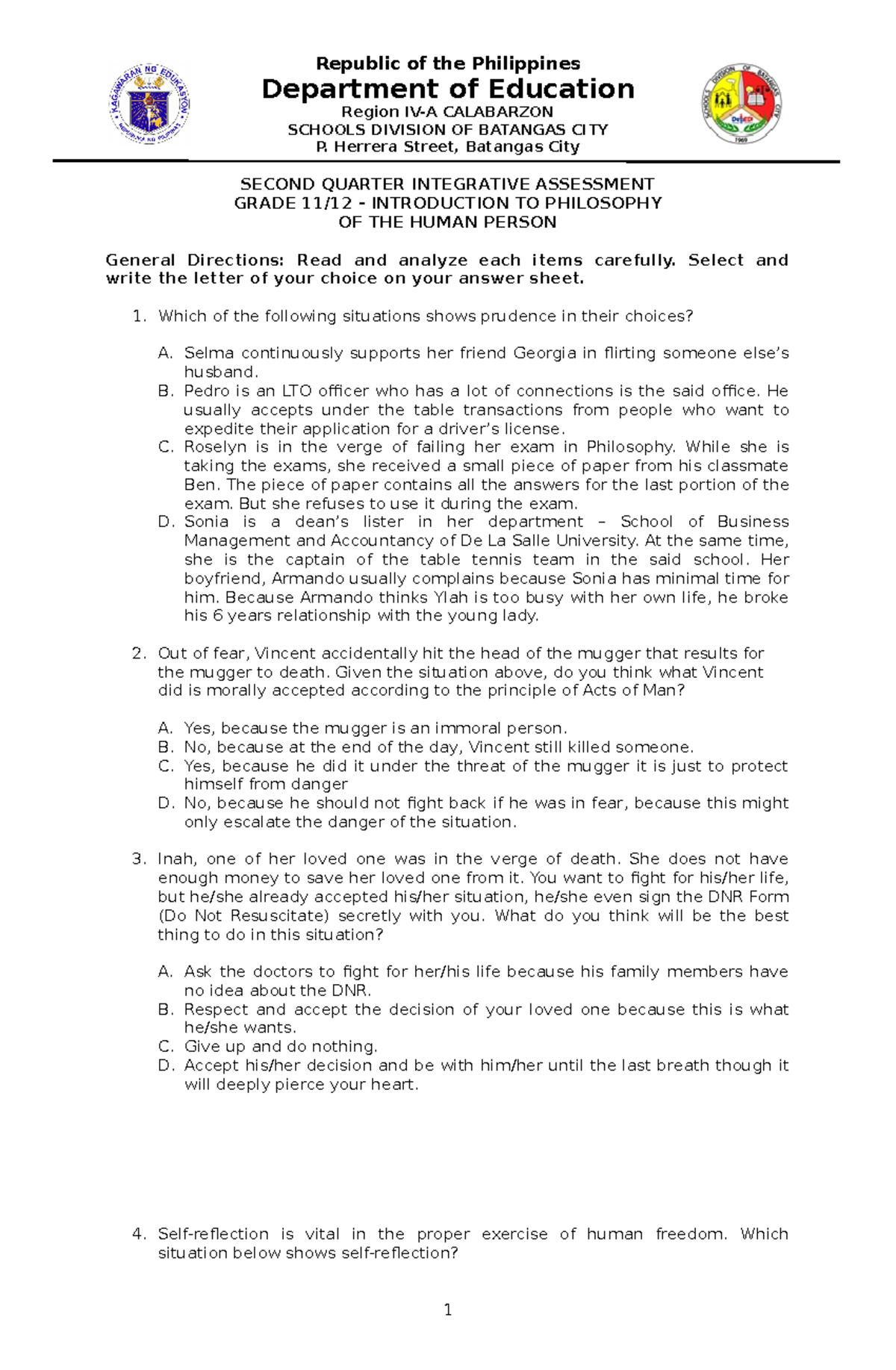 Q2 G11-12 Integrative Assessment Core-Intro to Philo - Republic of the ...