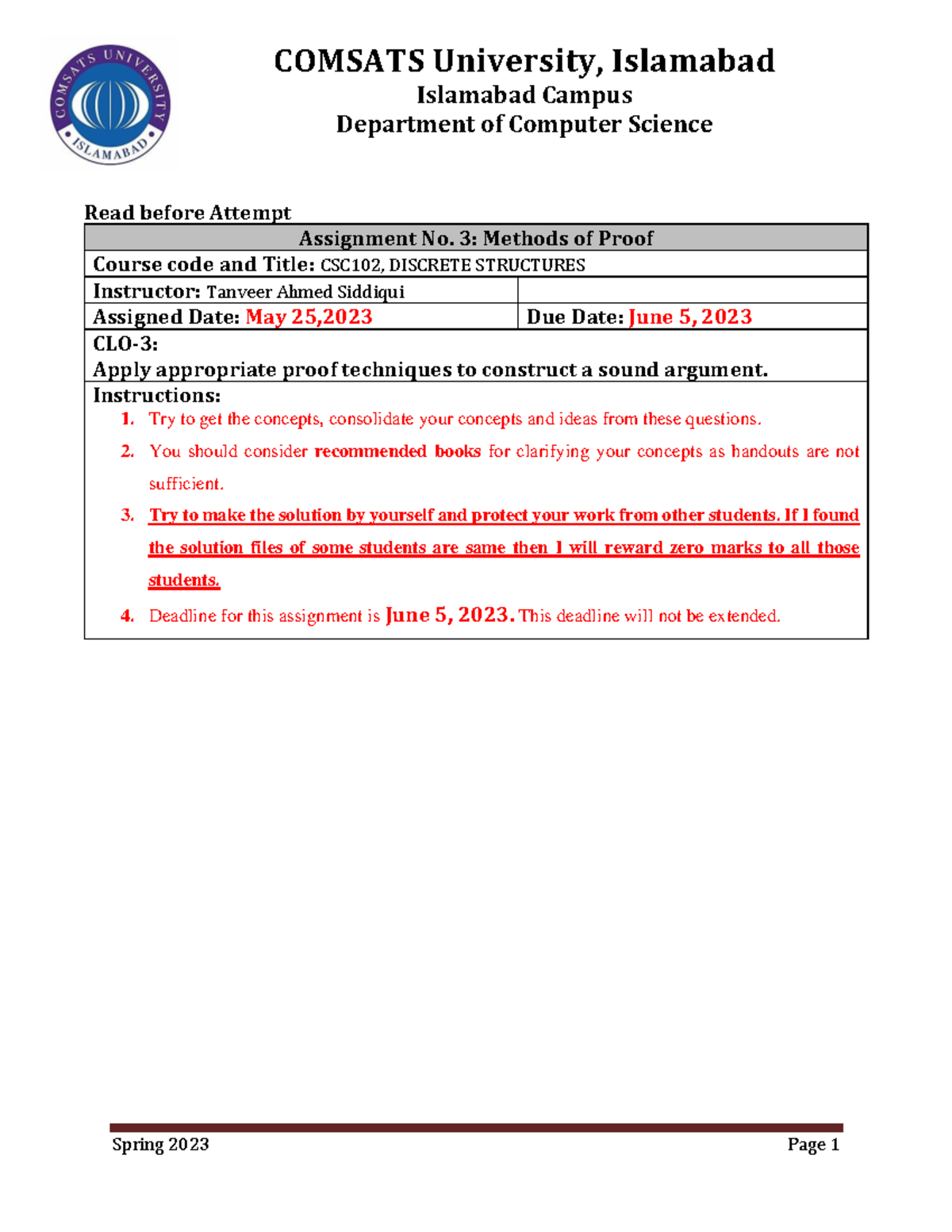 Assignment 03 SP23 - zzz - Spring 2023 Page 1 Read before Attempt Assignment No. 3: Methods of ...