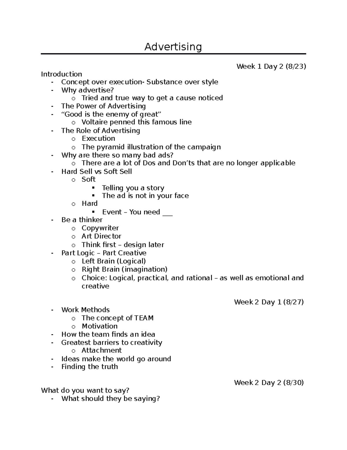 Advertising - notes - Advertising Week 1 Day 2 (8/23) Introduction ...
