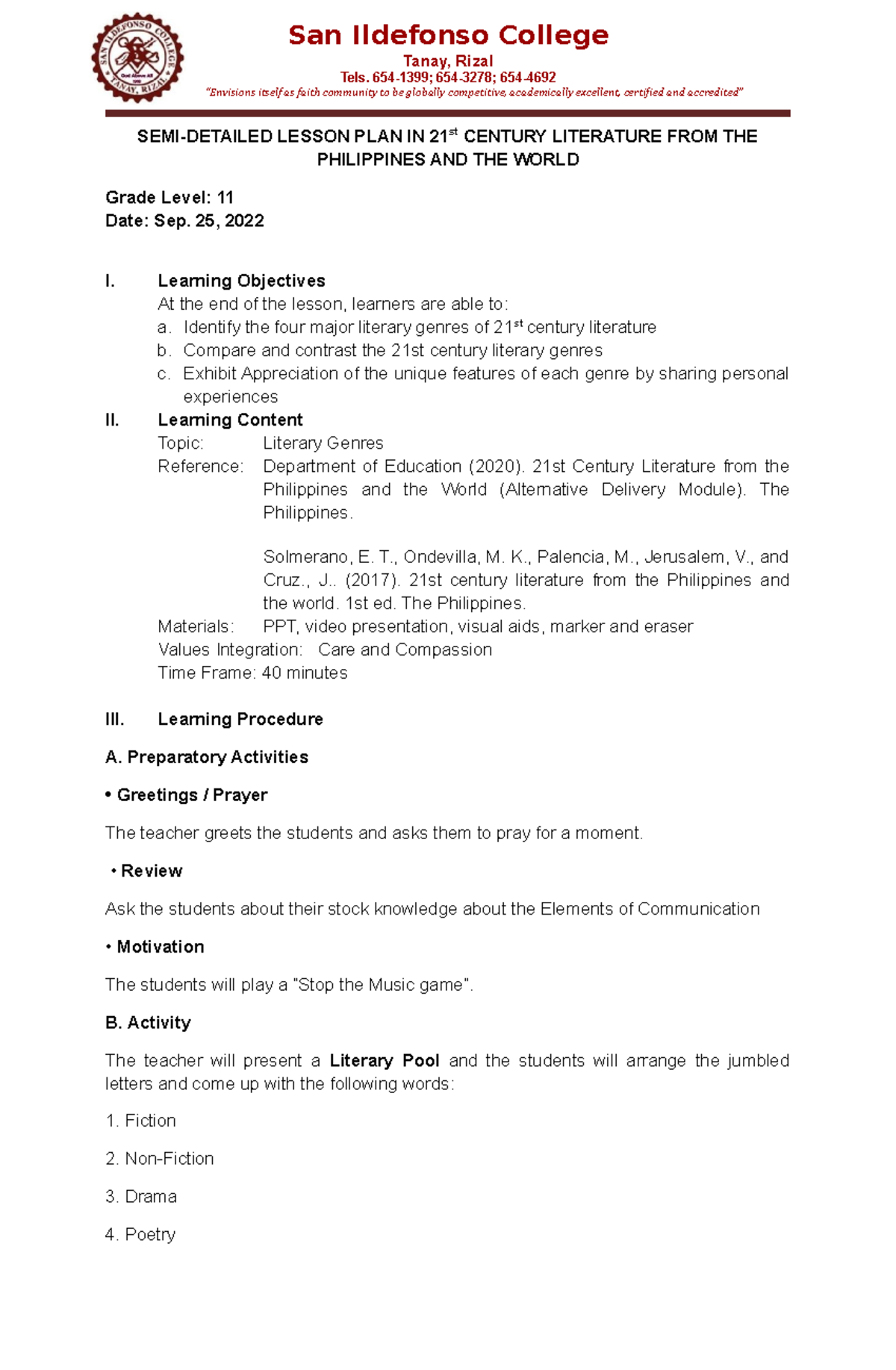 1 - Literary Genres - lesson plan - Tanay, Rizal Tels. 654-1399; 654 ...