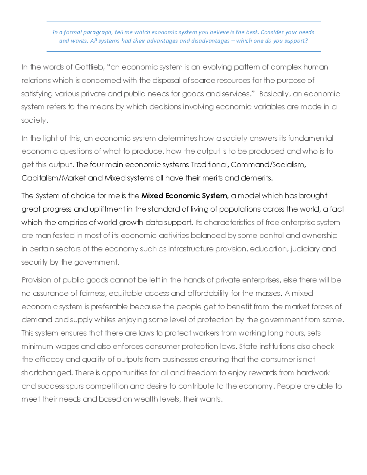 Solution - Economic Systems Assignment - In a formal paragraph, tell me ...