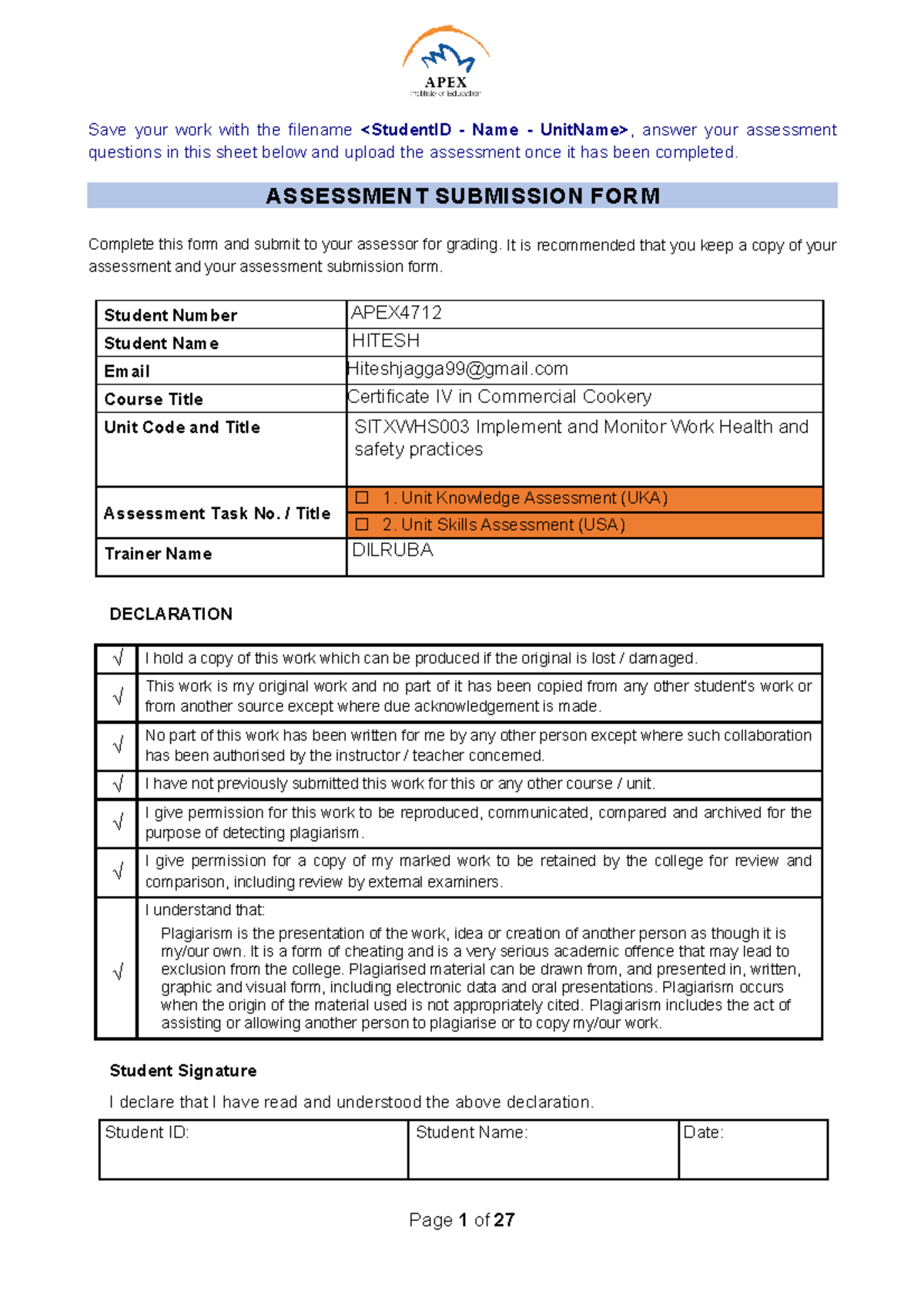 SITXWHS003 Implement and monitor work, health and safety practices ...