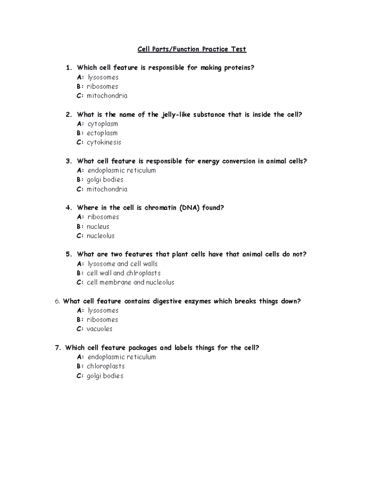 Cell Parts Practice Quiz(1) - Cell Parts/Function Practice Test Which ...