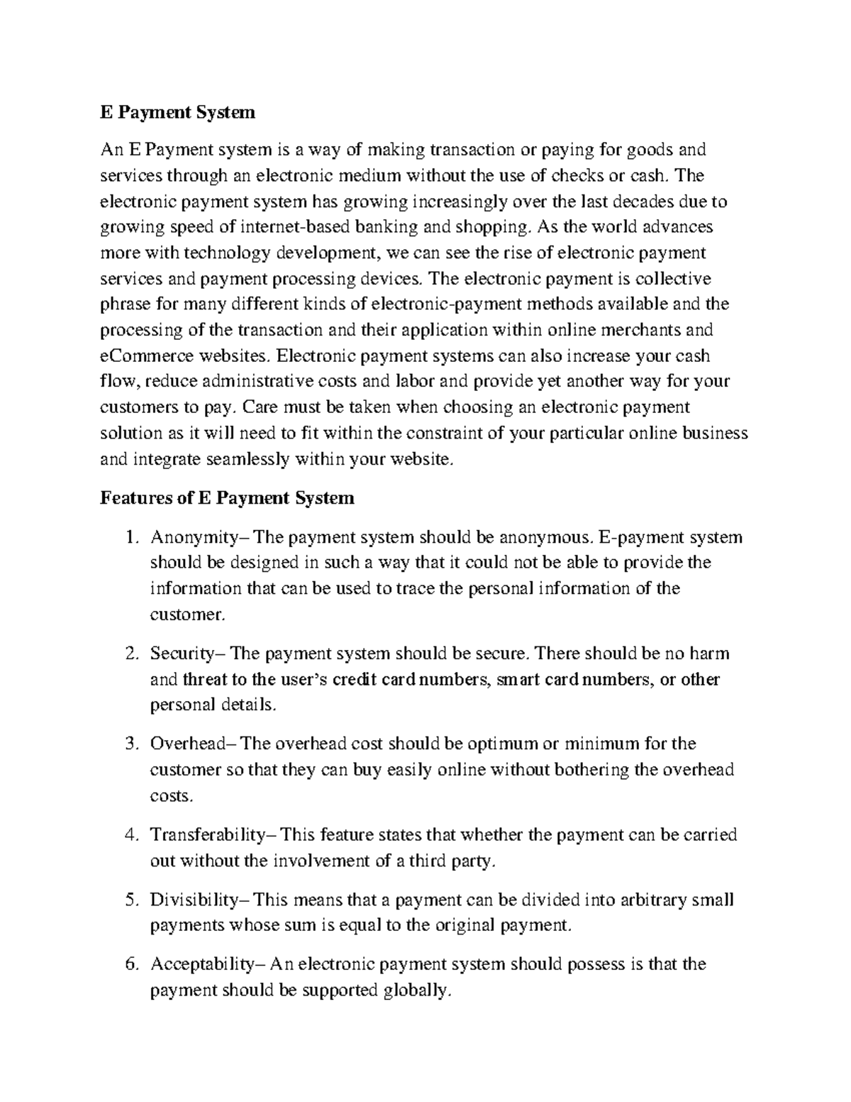 Module 2 Notes - E Payment System An E Payment system is a way of ...