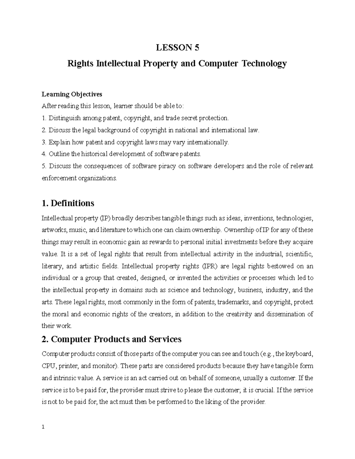 Intellectual Property Rights and Computer Technology - LESSON 5 Rights ...
