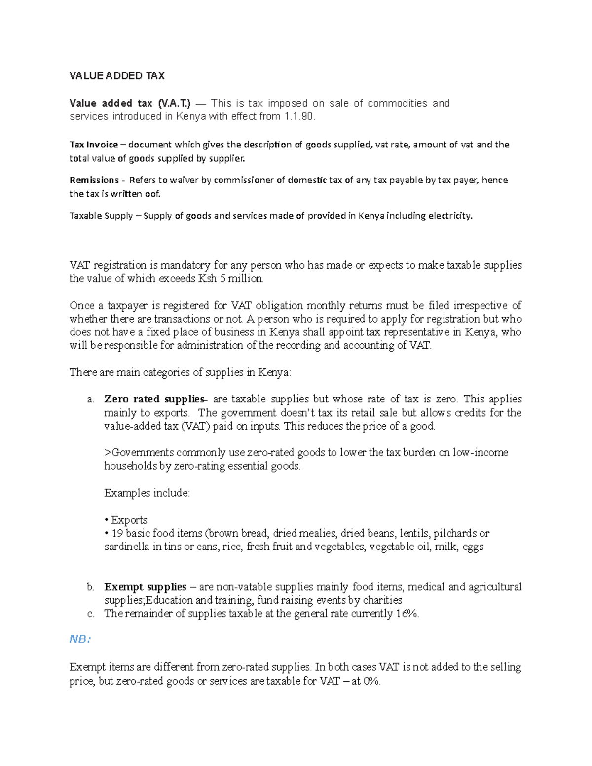 Taxation - VAT - Lecture notes - VALUE ADDED TAX Value added tax (V.A ...