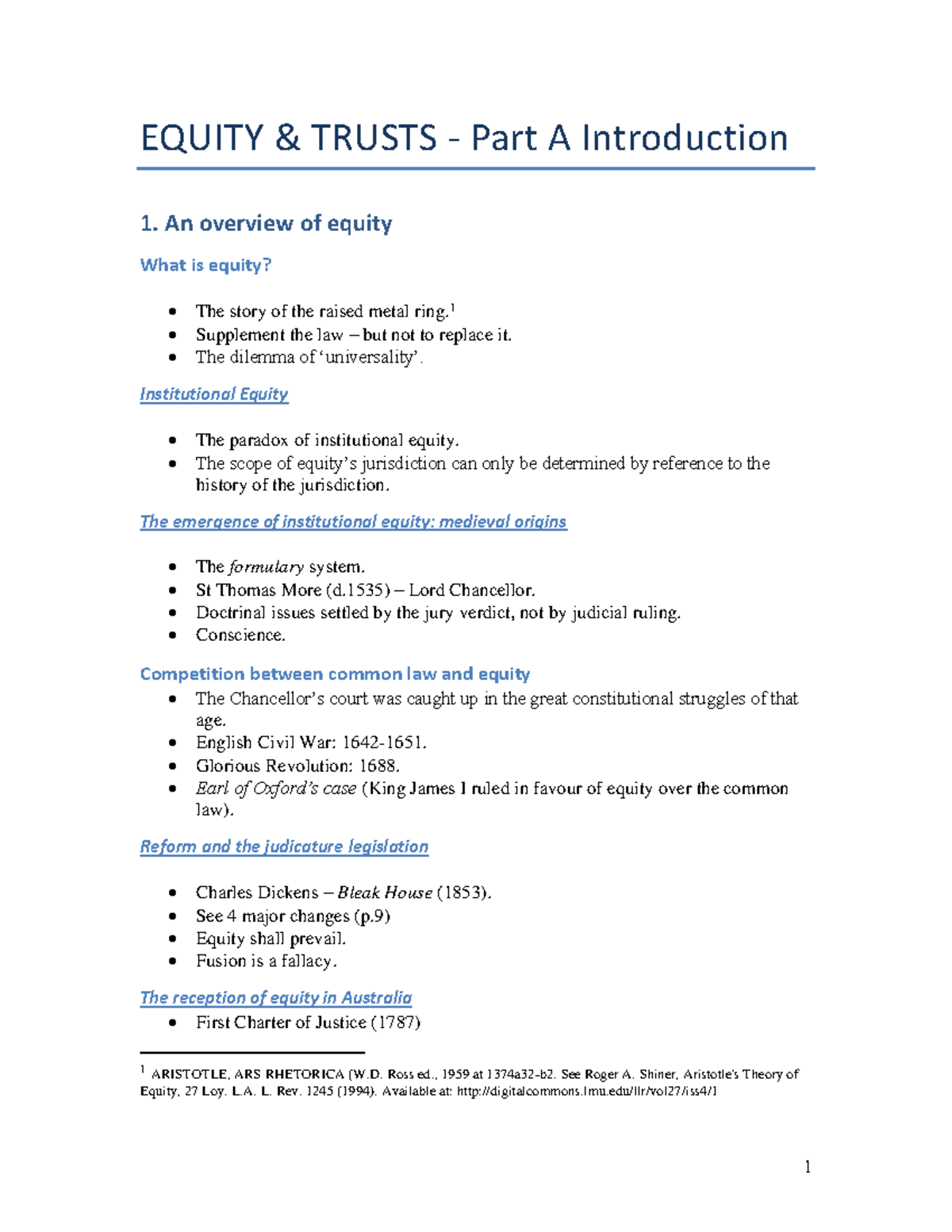 LAWS 420 Chapter 1 - 1 EQUITY & TRUSTS - Part A Introduction 1. An ...