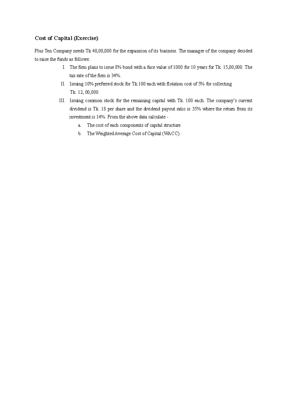 Cost of Capital exercise - Cost of Capital (Exercise) Plus Ten Company ...