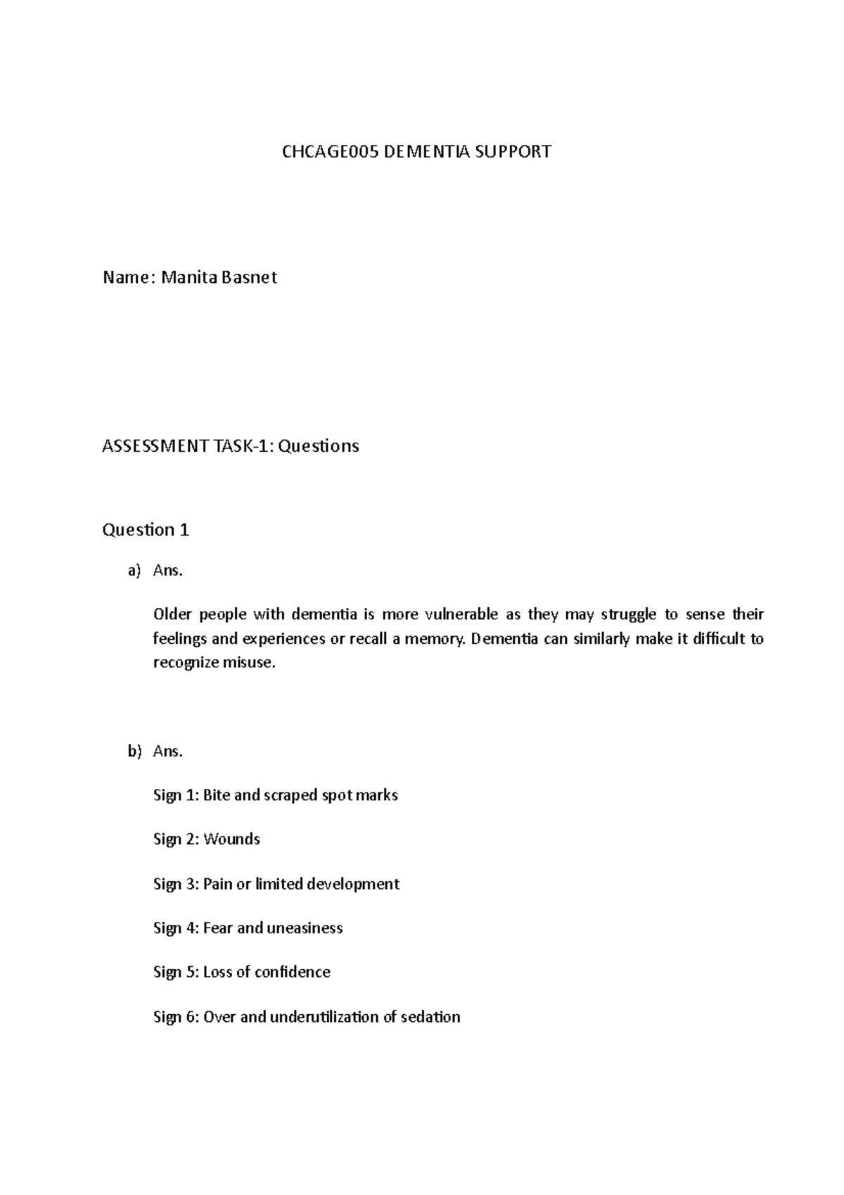 Assignment 2 - good - CHCAGE005 DEMENTIA SUPPORT Name: Manita Basnet ...