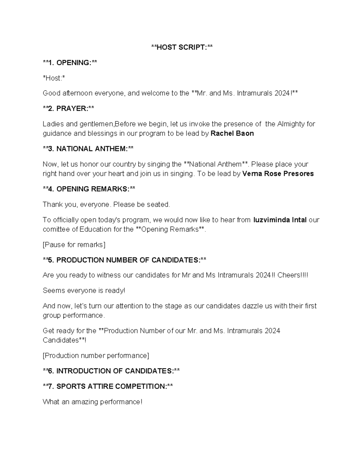 Mr and ms 2 - SCRIPT GUIDE FOR MC - HOST SCRIPT: 1. OPENING: Host: Good ...