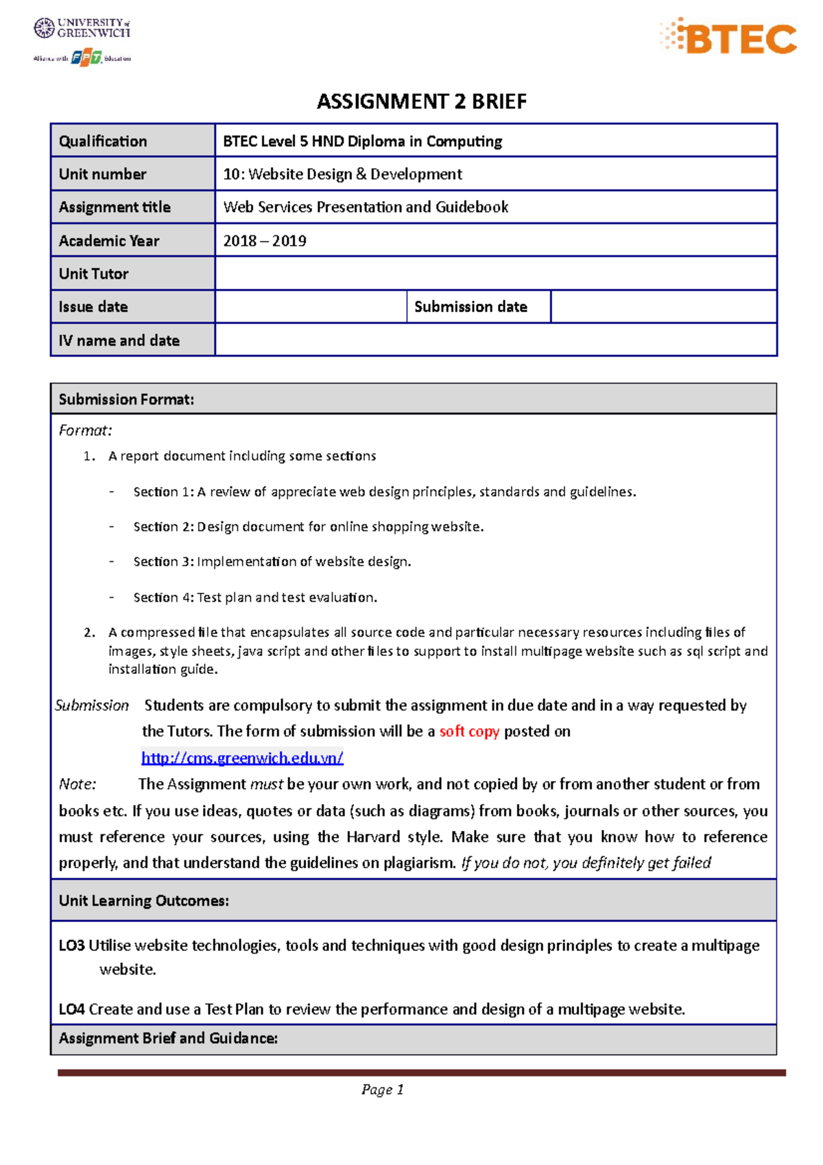 Unit 10.Assignment brief 2 (2018 - 2019 ) - ASSIGNMENT 2 BRIEF ...