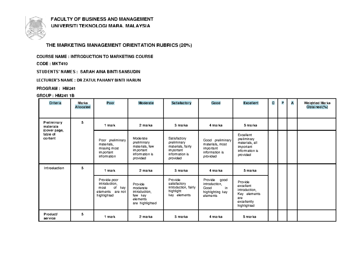 MKT Rubrics - rubric - FACULTY OF BUSINESS AND MANAGEMENT THE MARKETING ...