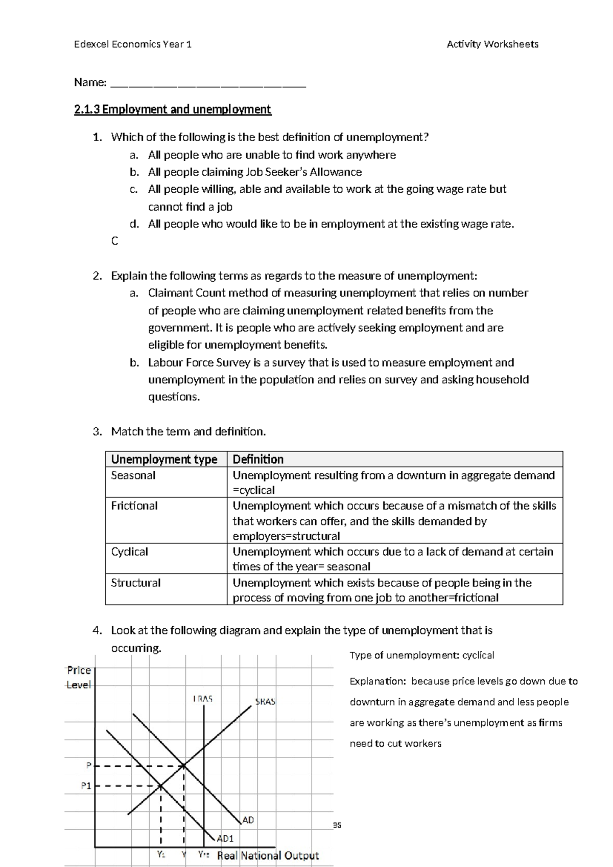 2.1.3 Employment and Unemployment - Edexcel Economics Year 1 Activity ...