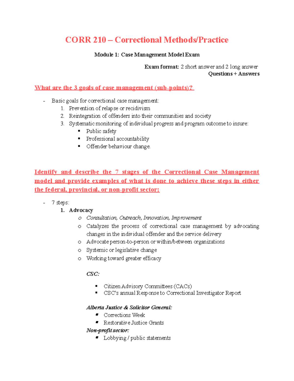 Exam 7 December 2016, questions and answers - CORR 210 Correctional ...