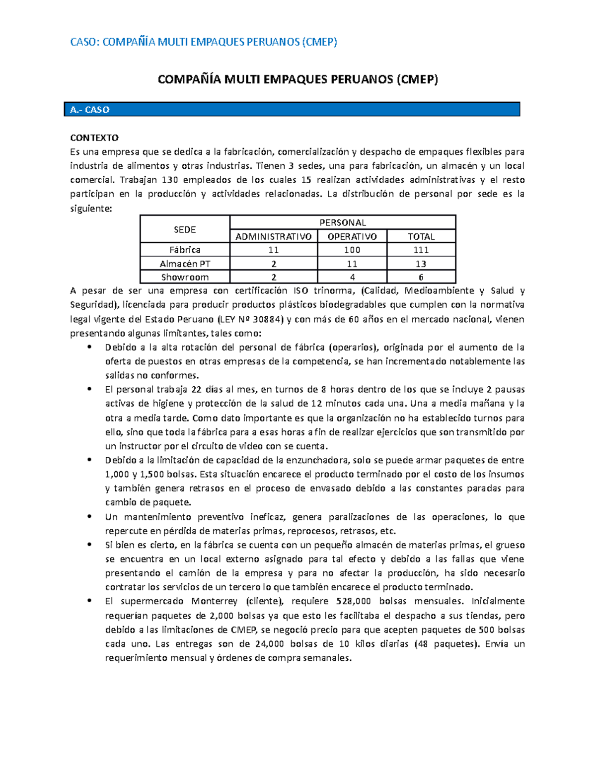 Compañia Multiempaques - CASO: COMPAÑÍA MULTI EMPAQUES PERUANOS (CMEP ...