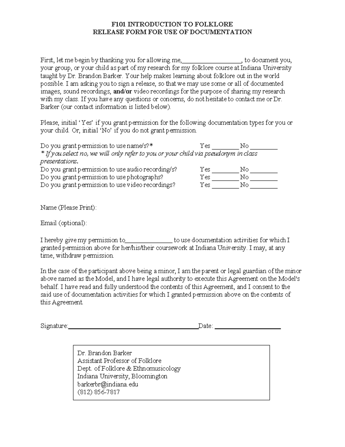 F101 Documentation Release Form - Dr. Brandon Barker Assistant ...