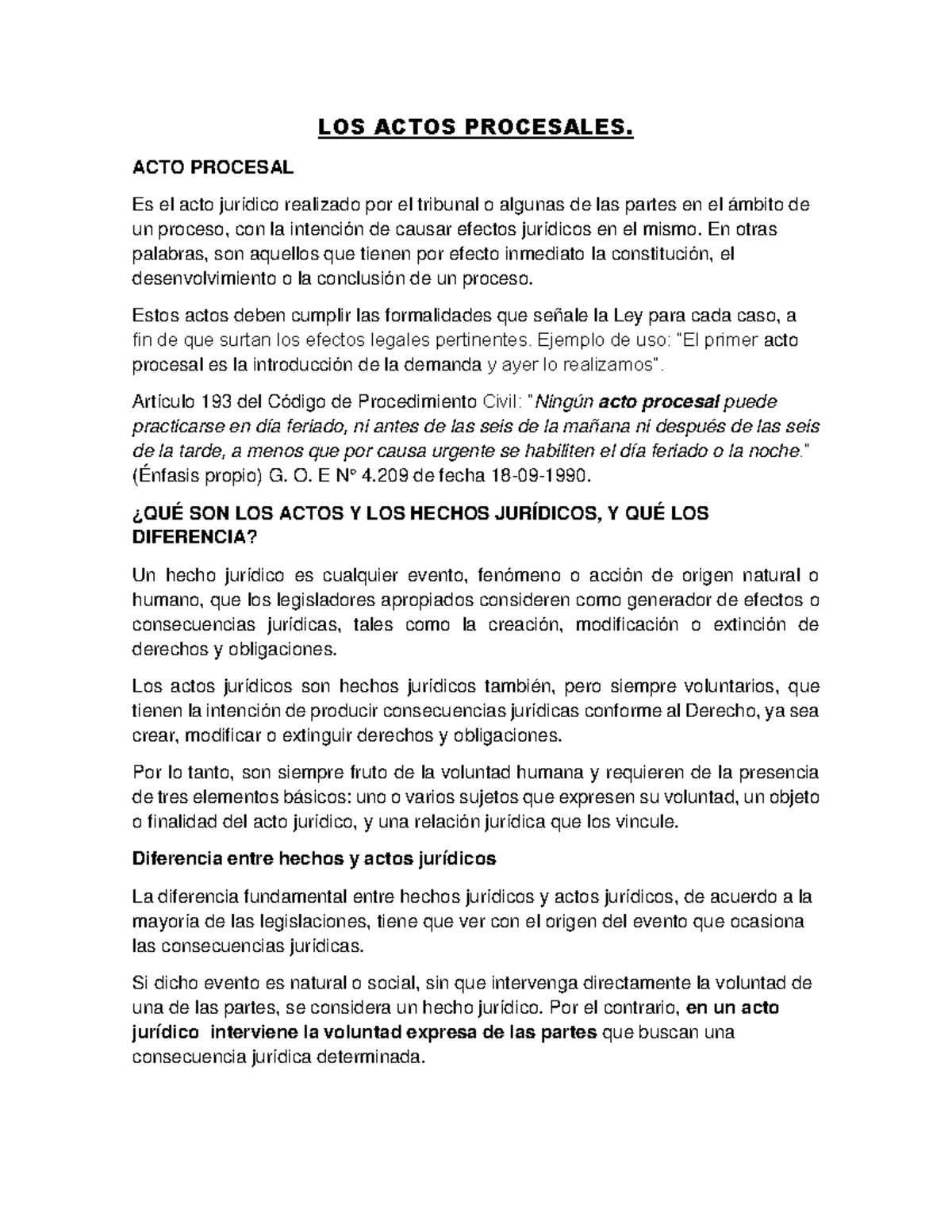 LOS Actos Procesales - LOS ACTOS PROCESALES. ACTO PROCESAL Es el acto ...
