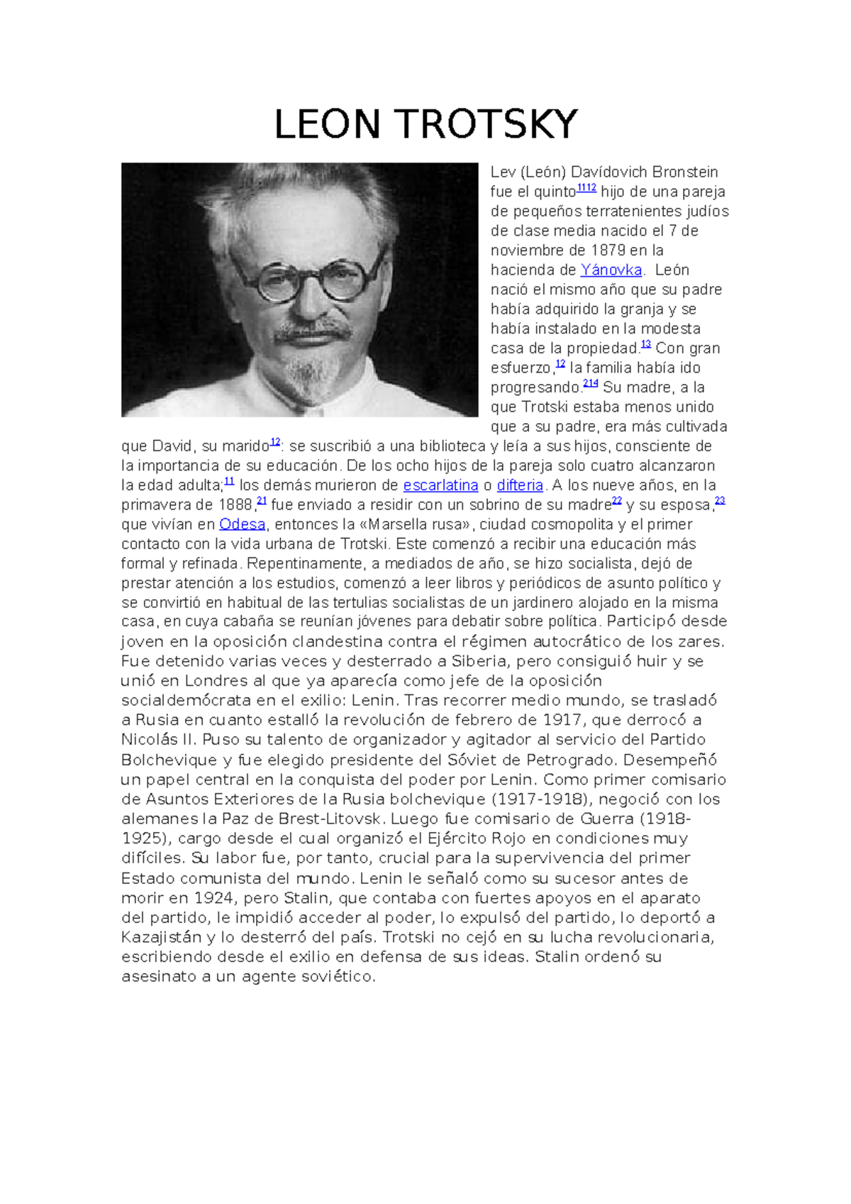 LEON Trotsky - Informacion de Leon - LEON TROTSKY Lev (León) Davídovich Bronstein fue el quinto ...