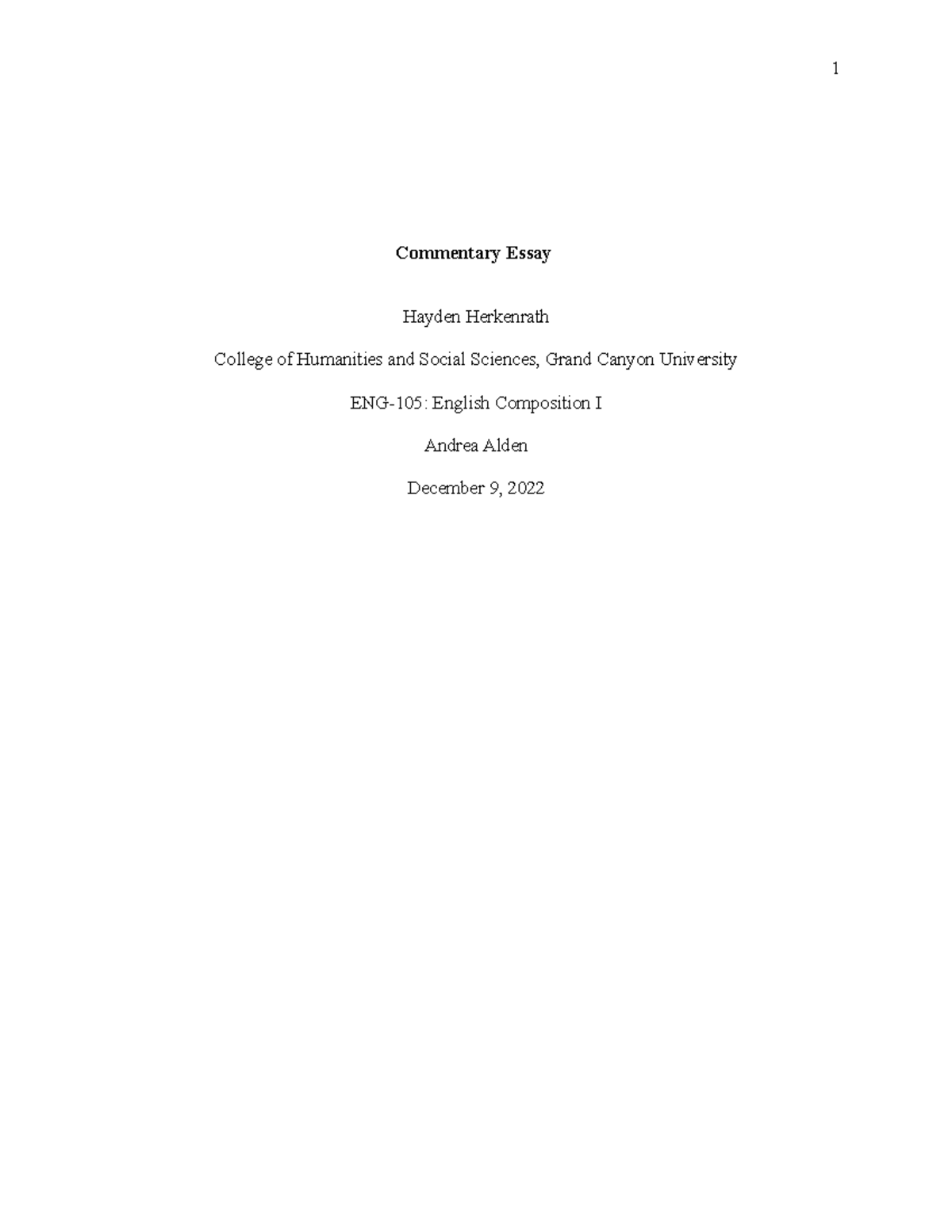 Commentary Essay - ..... - Commentary Essay Hayden Herkenrath College ...