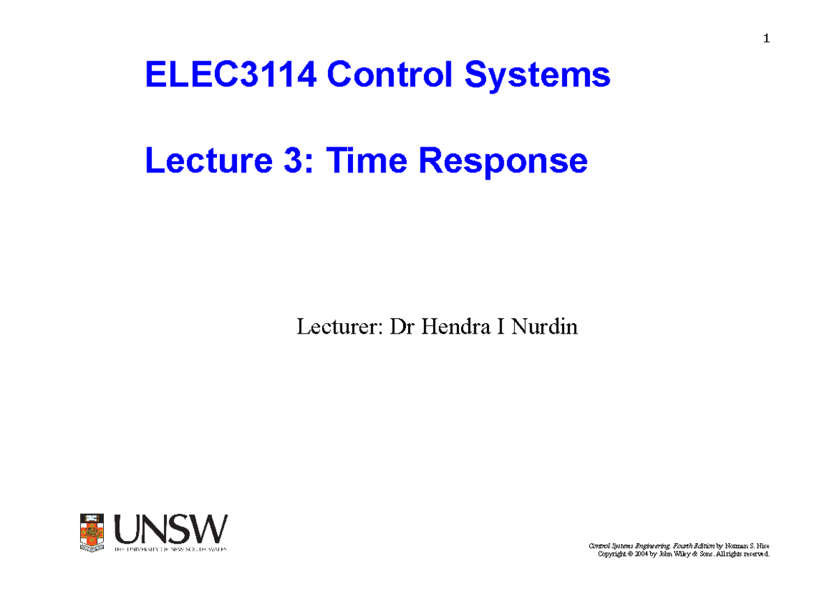 Lec03 - lecture notes - 1 ELEC3114 Control Systems Lecture 3: Time ...