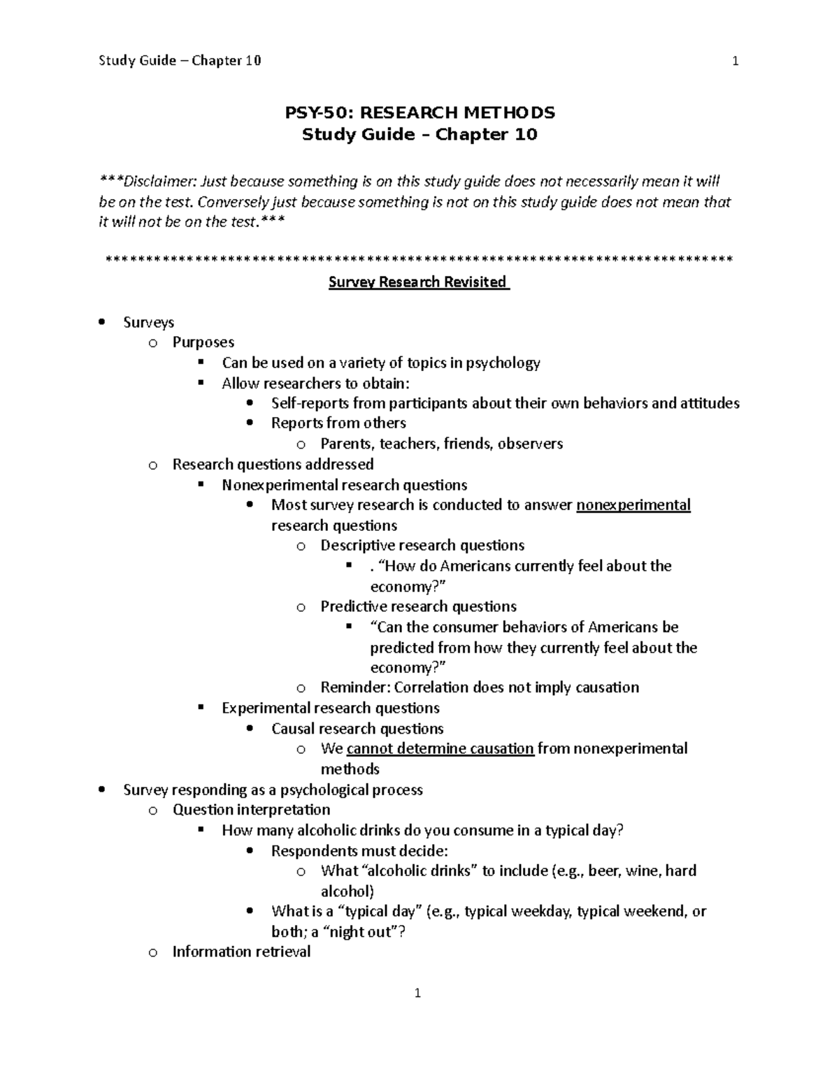 PSY 50 - Chapter 10 Study Guide - Study Guide – Chapter 10 1 PSY-50: RESEARCH METHODS Study ...