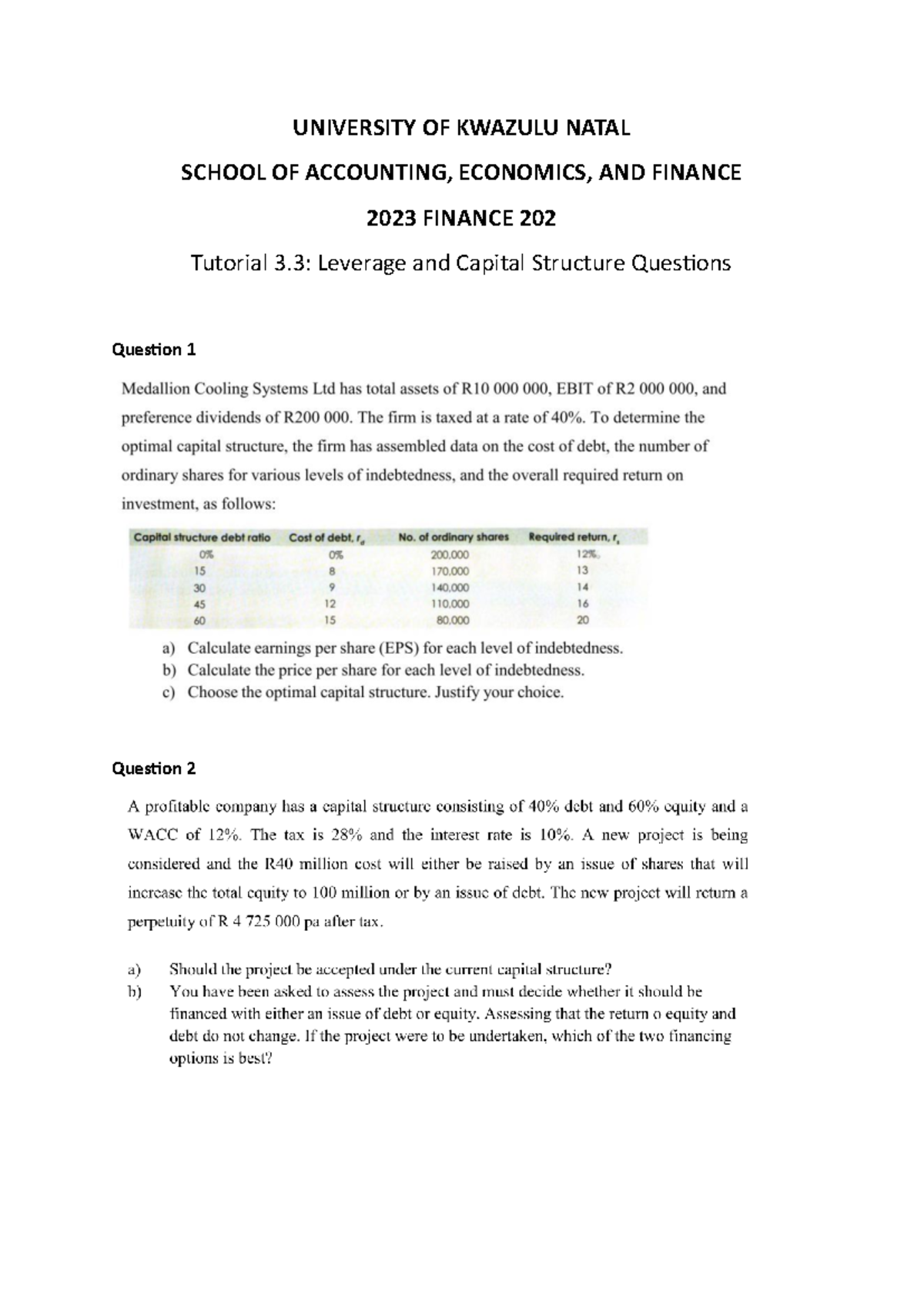Tutorial 3.3 Questions 2023 - FINA202 - UNIVERSITY OF KWAZULU NATAL SCHOOL OF ACCOUNTING ...