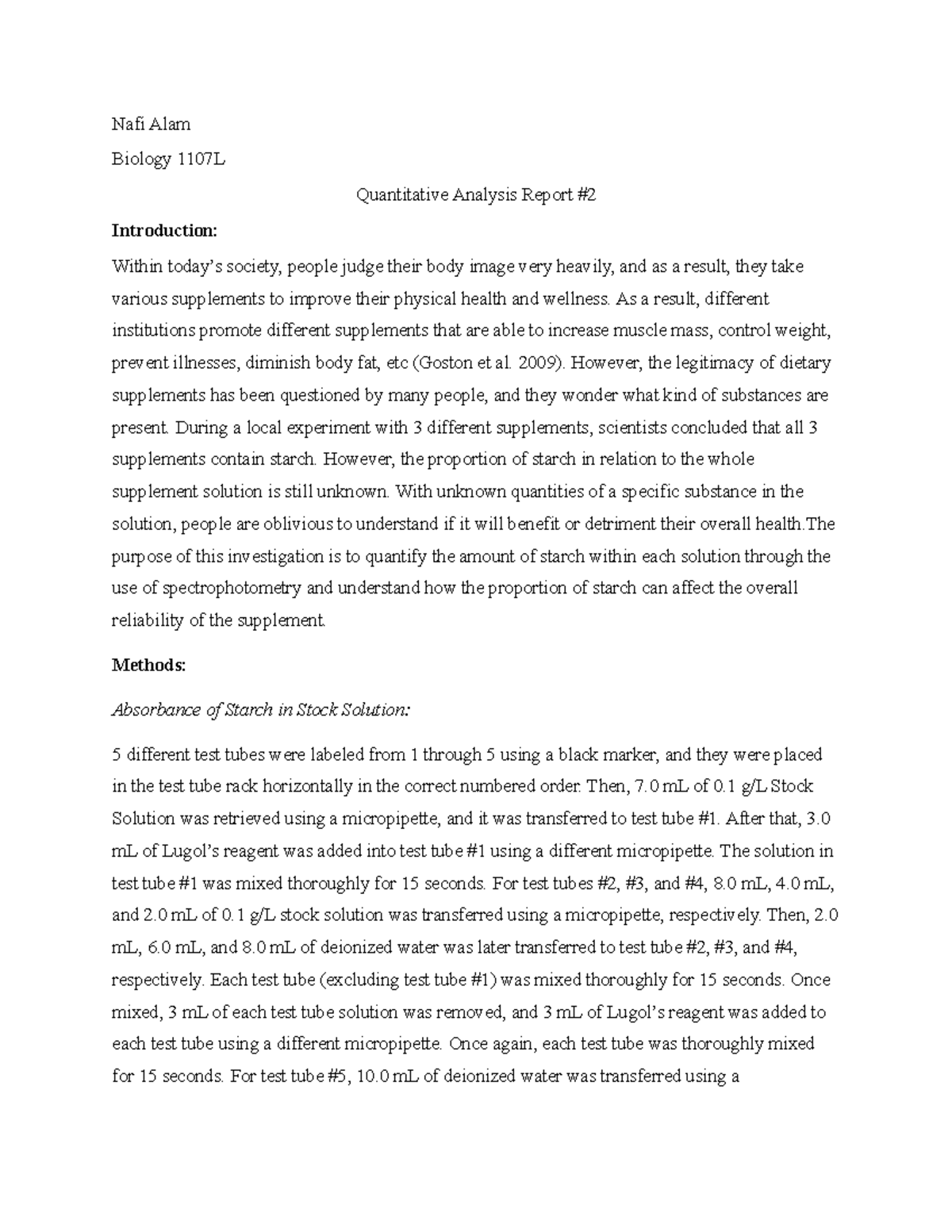 Quantitative Analysis Report #2 - Nafi Alam Biology 1107L Quantitative ...