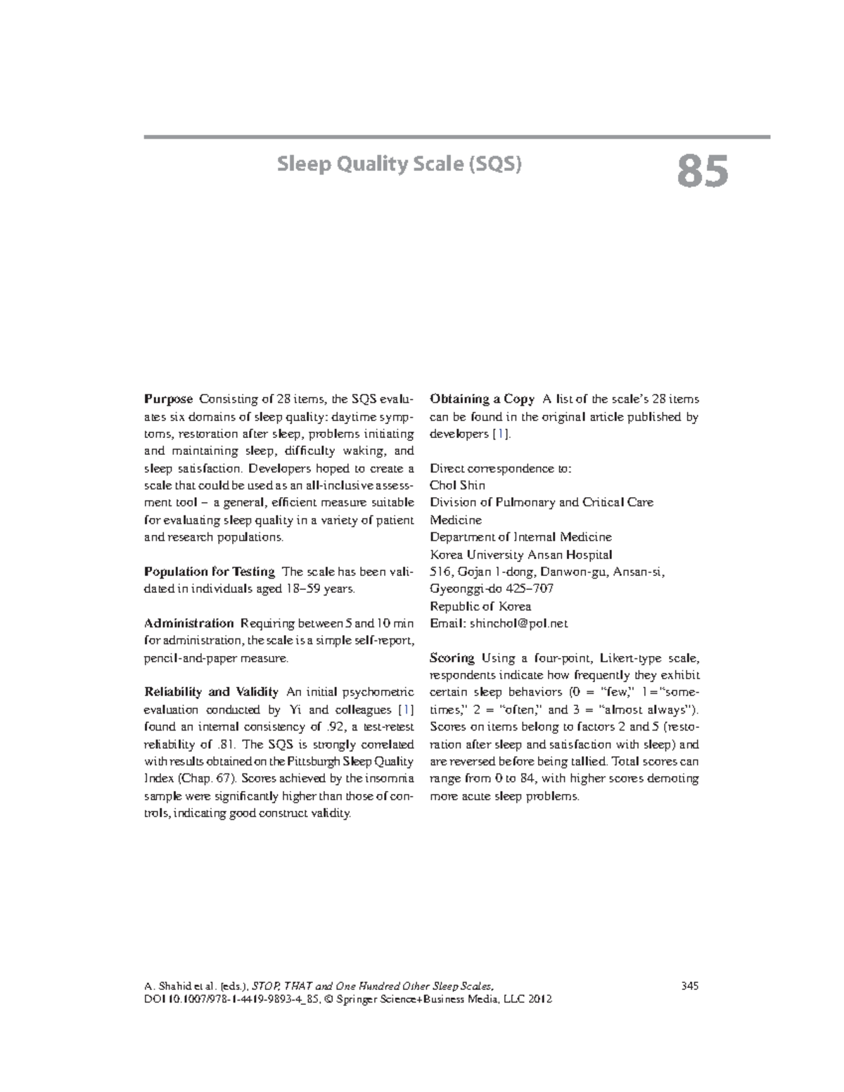 Sleep Quality Scale (SQS) - A. Shahid et al. (eds.), STOP, THAT and One ...