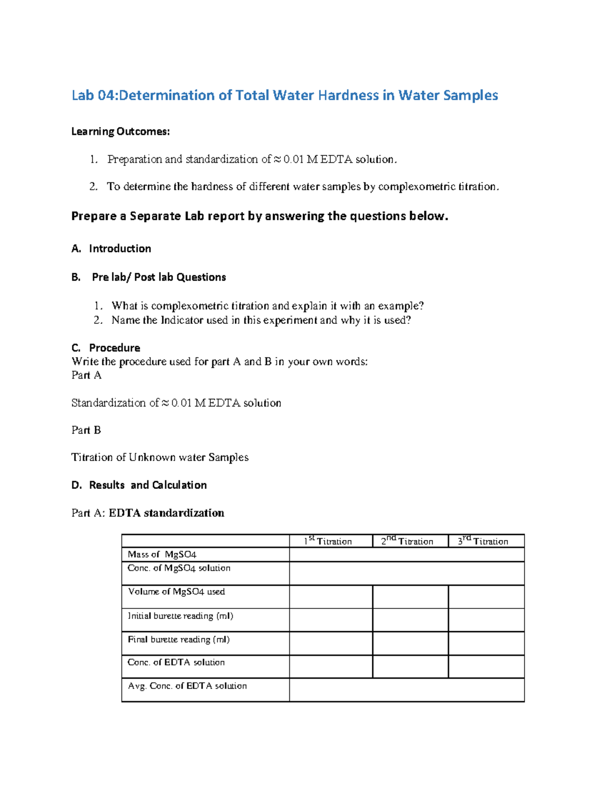 CHE 2123 Lab04 - nothing - Lab 04:Determination of Total Water Hardness ...