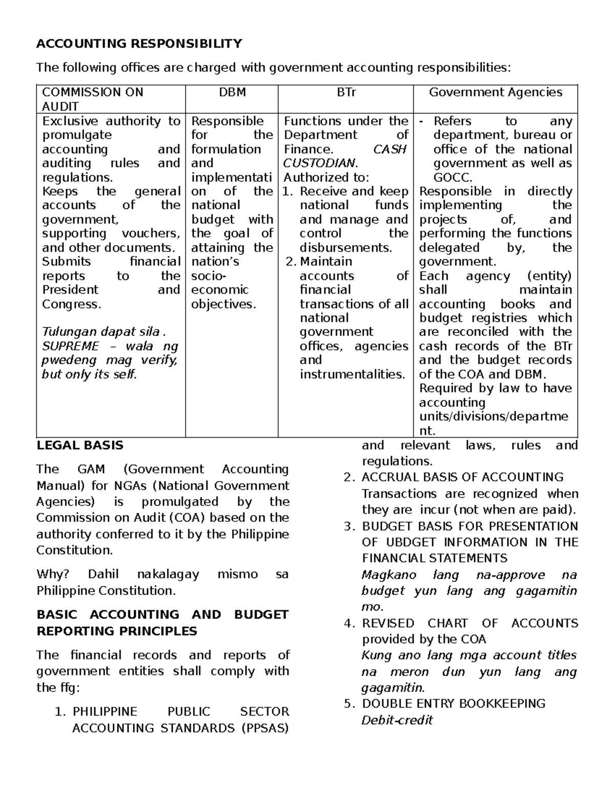 Gov acc notes - hope it helps - ACCOUNTING RESPONSIBILITY The following ...