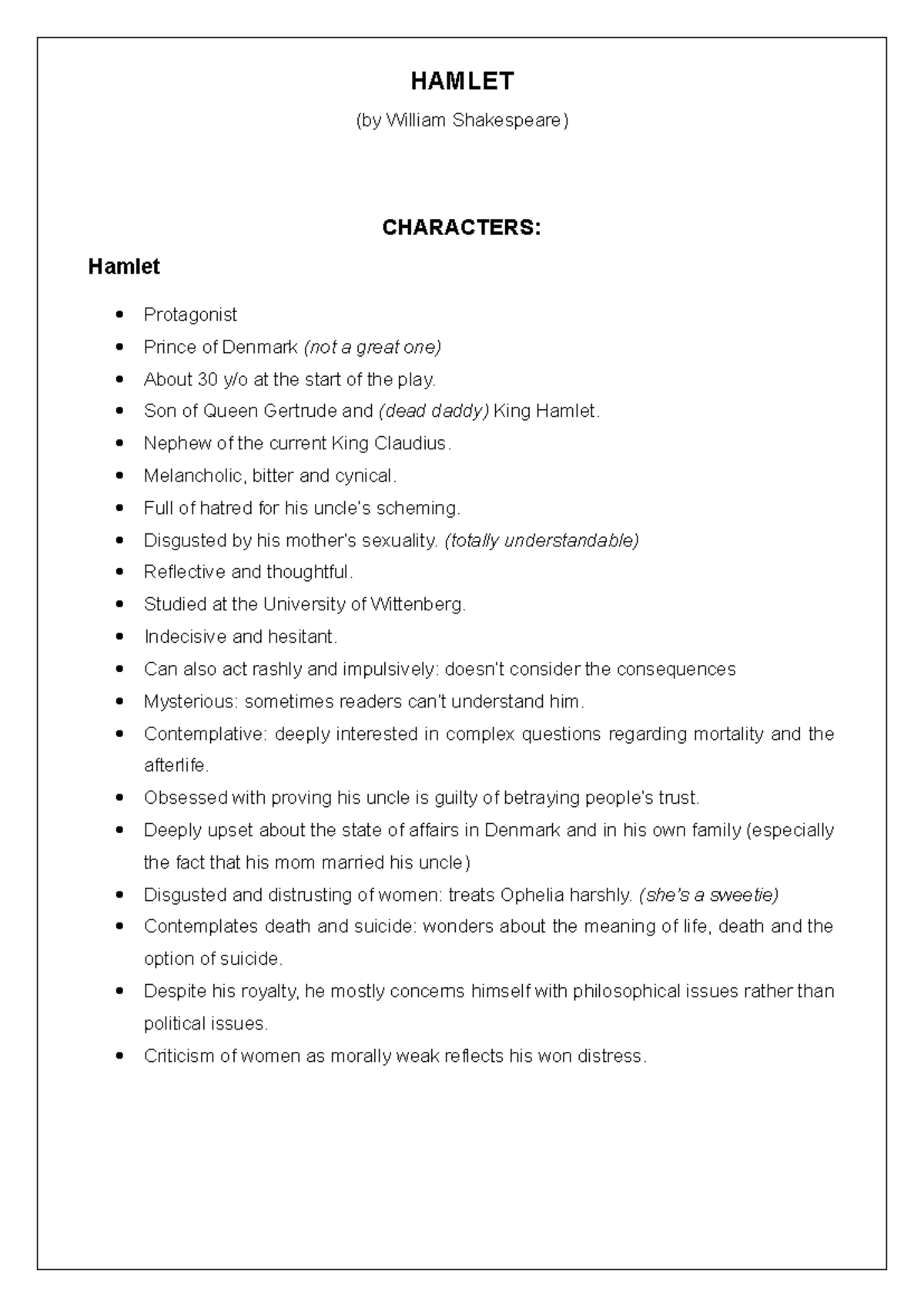 Hamlet - William Shakespeare (Character Analysis) - HAMLET (by William ...