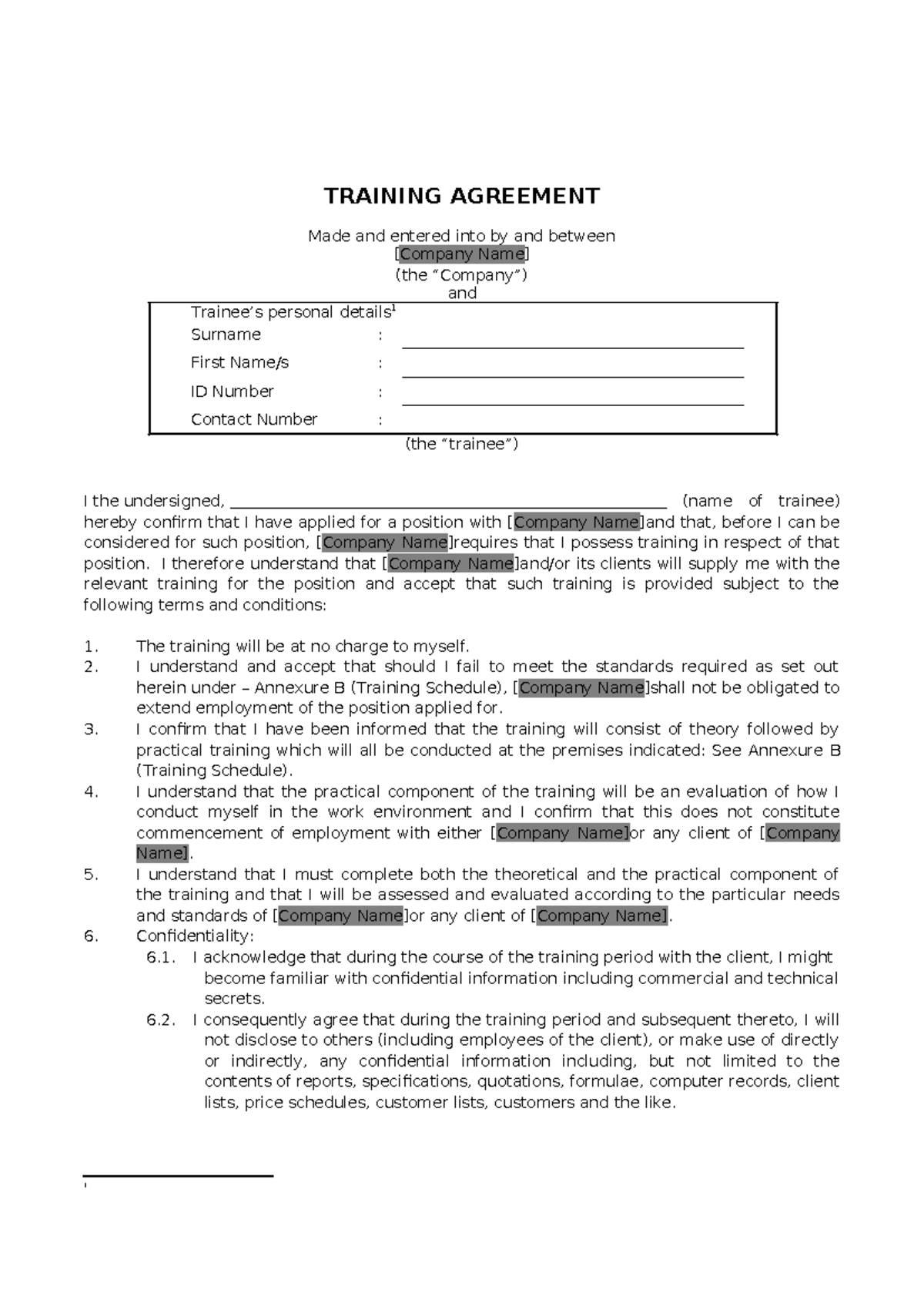 Trainee Contract - Generic - TRAINING AGREEMENT Made and entered into ...