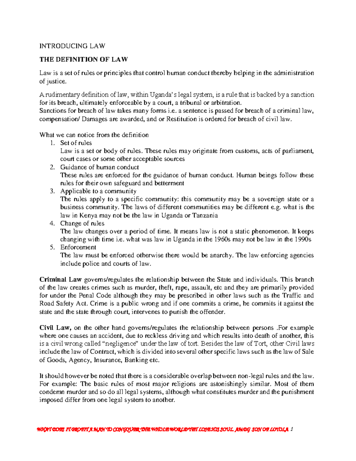 Introducing LAW Notes - INTRODUCING LAW THE DEFINITION OF LAW Law is a ...