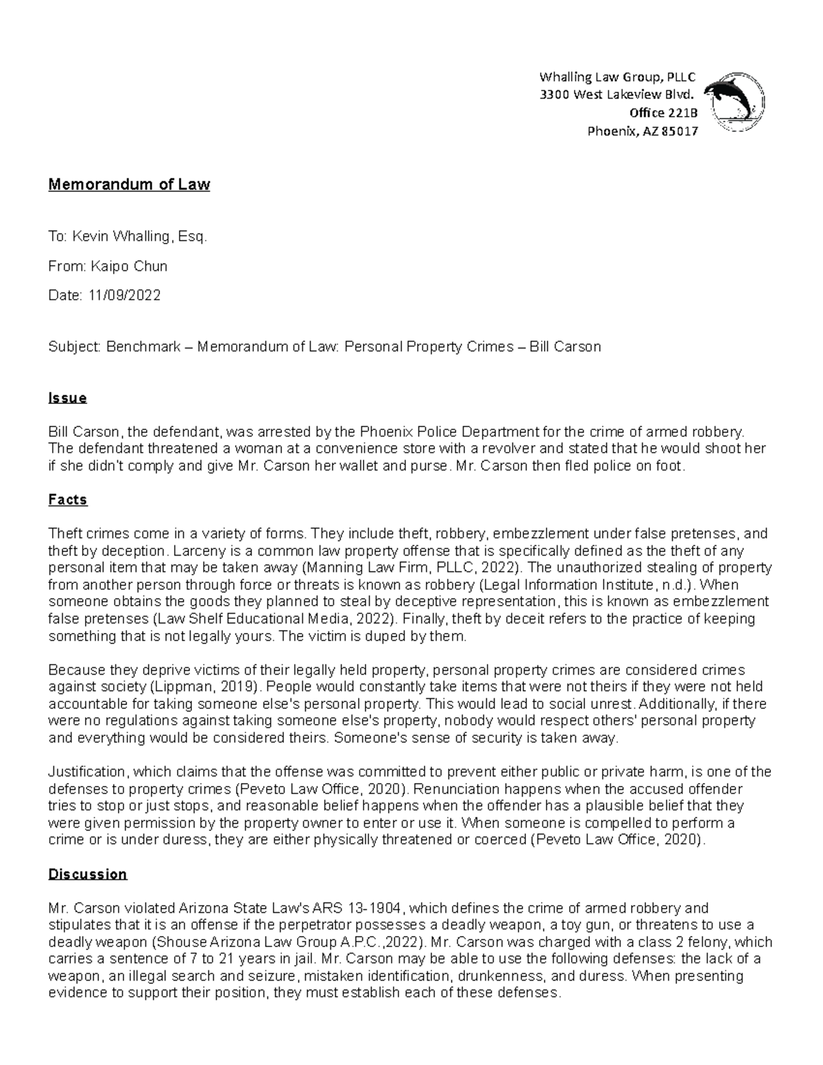Memorandum of Law: Personal Property Crimes Bill Carson - Studocu